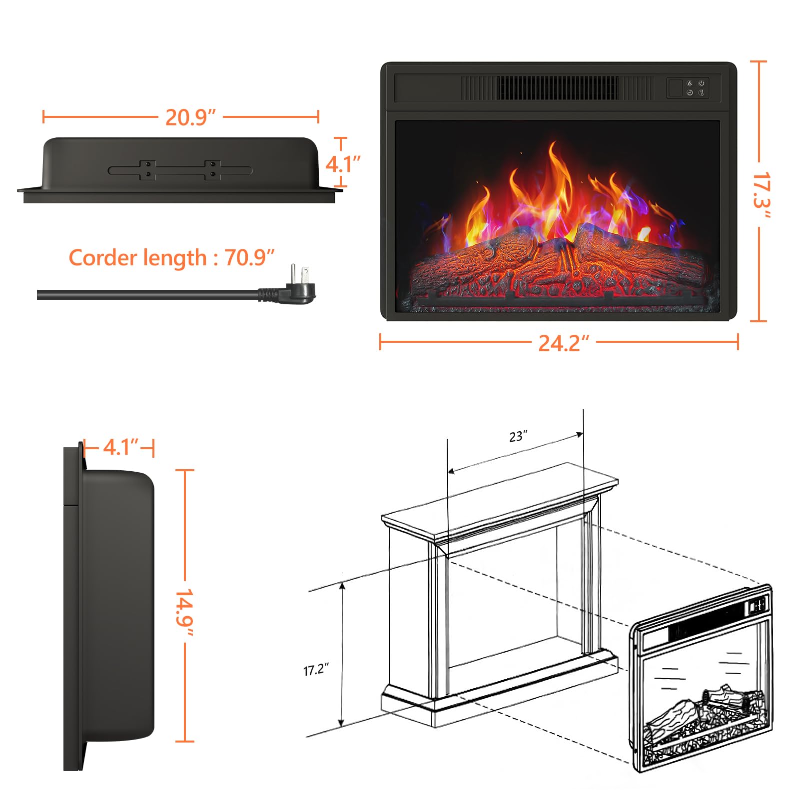 LALAHOO 23” Electric Fireplace Inserts,Recessed or Freestanding Electric Fireplace Heater with 6 Flame Colors,Wall Mounted Fireplace Heaters for Indoor Use,Remote Control & 6H Timer,Black