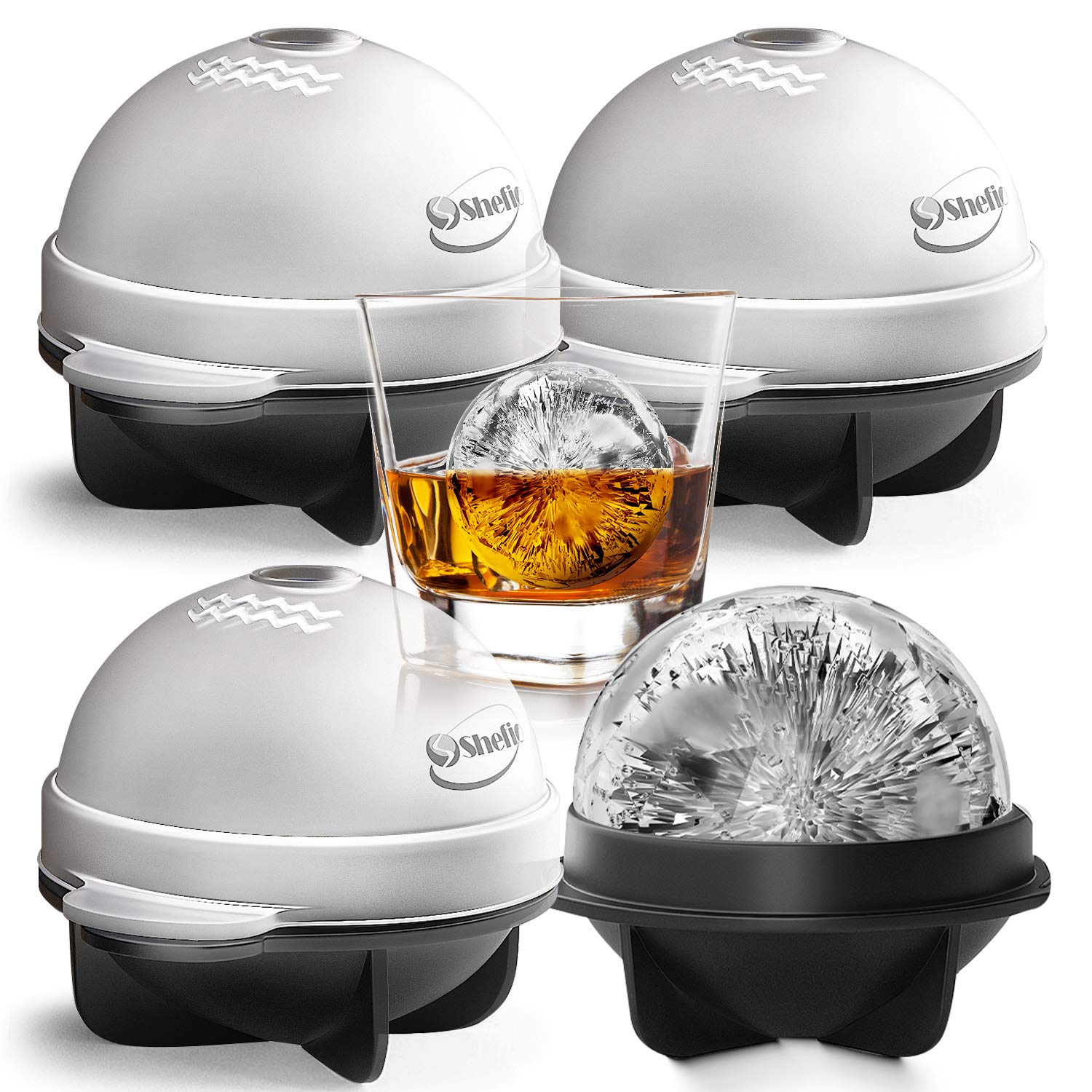 Round Ice Cube Mold Set of 4 Individual 2.5 Inch Tight Sealing, Leak Proof Silicone Big Sphere Ice Ball Makers for Whiskey, Scotch and Bourbon Black
