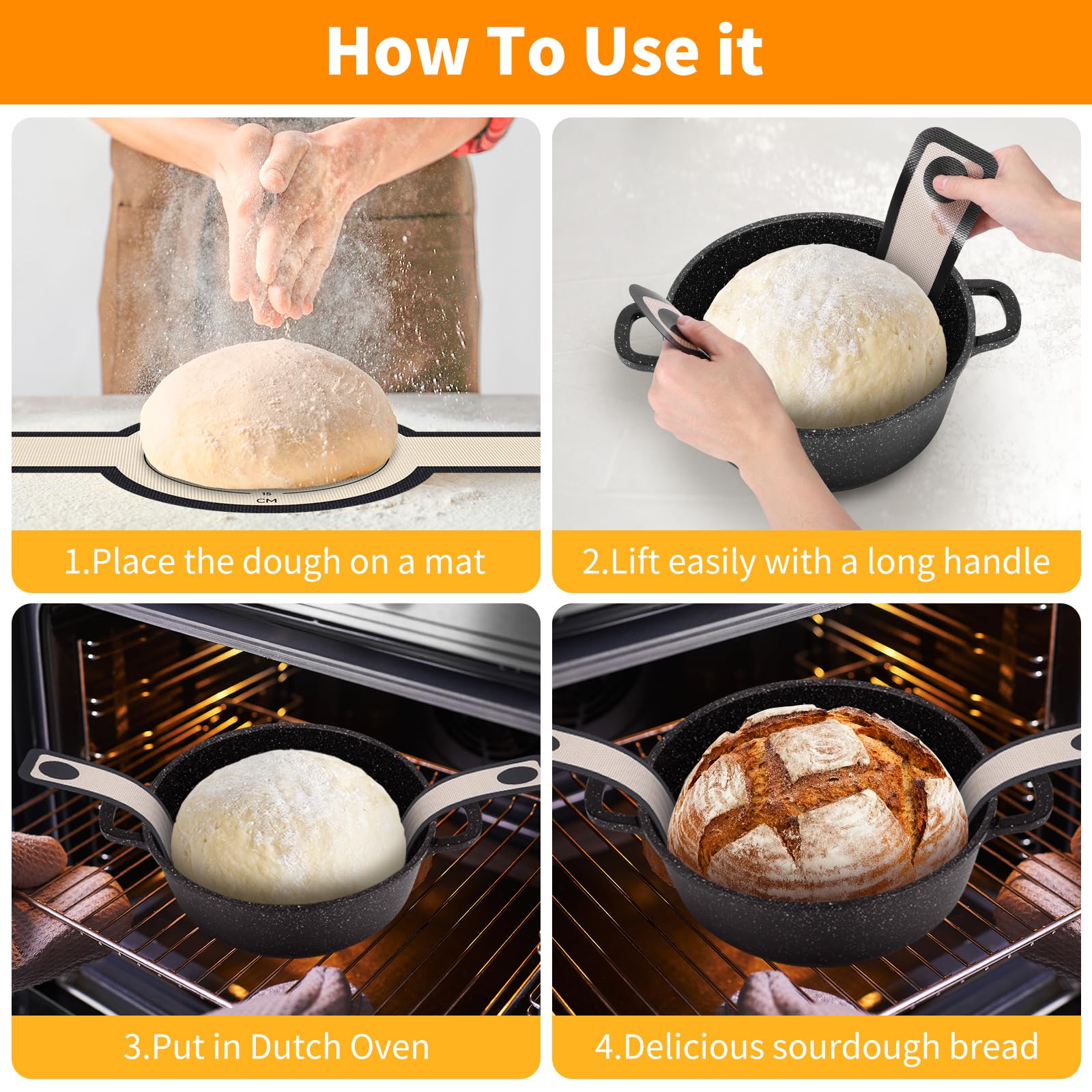 Senbowe 2 PCS Silicone Bread Sling for Dutch Oven, Non-Stick & Easy to Clean Reusable Silicone Bread Baking Mat Sheet Liner with Extra Long Handles, Easy to Transfer Sourdough Bread Baking Supplies