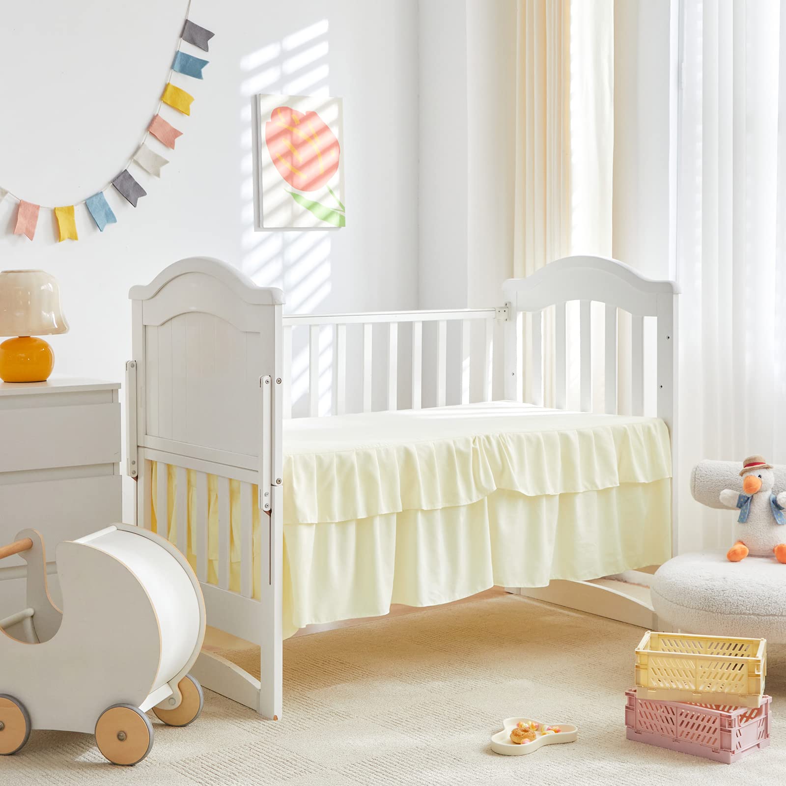 Tufted Ruffle Crib Bedding Set 3 Pieces Baby Boho Quilted Comforter with Fitted Sheet and Bed Skirt - Cute Ruffled Shabby Chic Baby Bedding Soft Blanket Design Cream White with Yellow