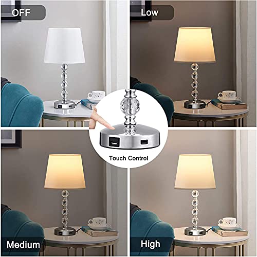Unfusne Touch Control Lamps for Bedrooms Set of 3, 3-Way Dimmable Nightstand Lamps, 2 * Small Bedside Wireless Charging Lamp, 1* Crystal Lamp with USB Port