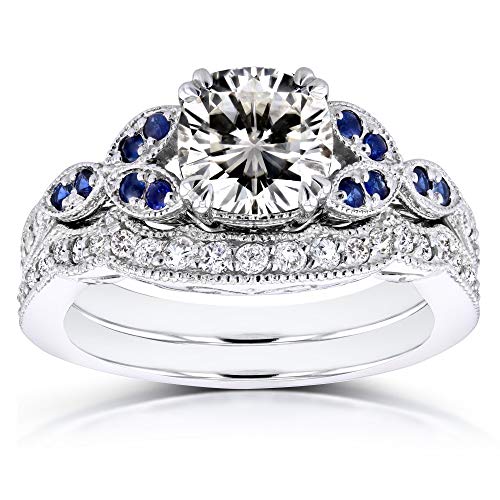 Kobelli Vintage Style Floral Cushion Moissanite (GH) with Sapphire and Diamond Accents Bridal Set 1 1/2 Carat TGW in 14k White Gold - Size 8.5