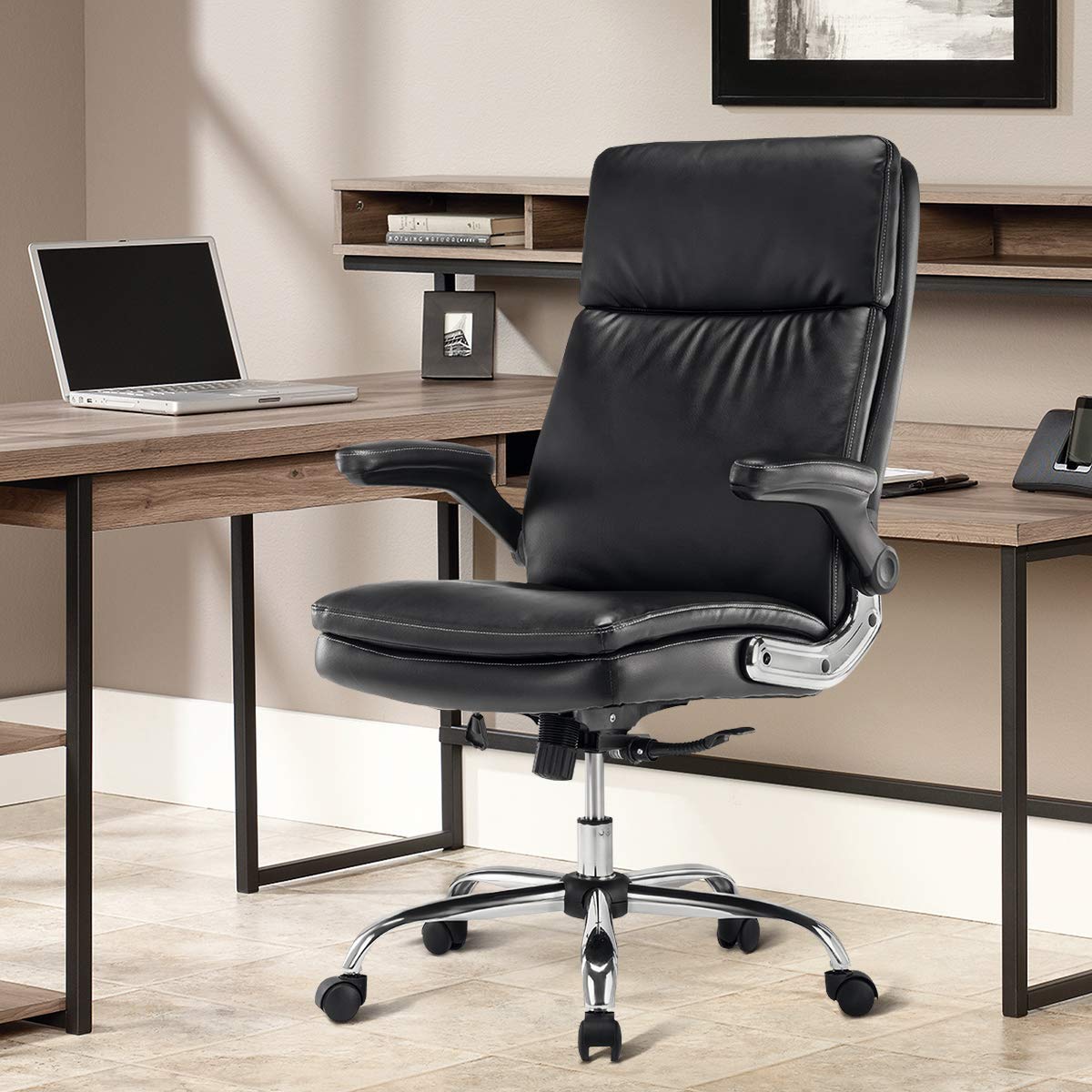KERMS Executive Office Chair PU Leather Desk Chair with Lumbar Support and Flip Up Arms, High Back Office Chair Adjustable Recline Locking, Black