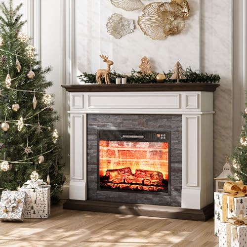 LGHM 44" Electric Fireplace with Mantel, Portable Freestanding Wood Stove Heater, Realistic 3D Dancing Flame Effect and Stacked Stone Surround, Remote Control Timer for Living Room, Bedroom…