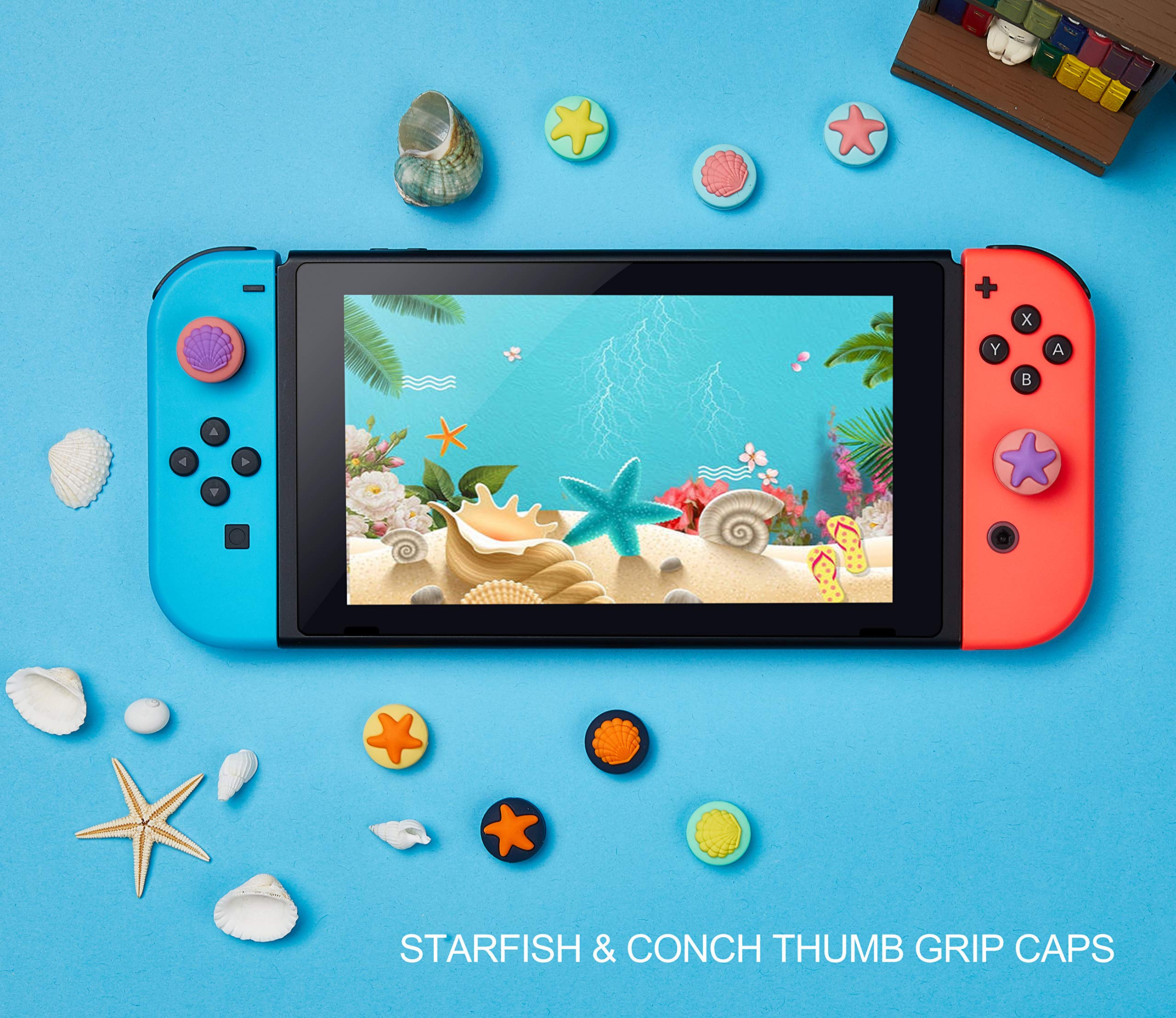 LeyuSmart Ocean Theme Thumb Grip Caps, Starfish & Conch Joystick Cap for Nintendo Switch/OLED/Lite, Soft Silicone Skin Cover for Joy-Con,4Pcs