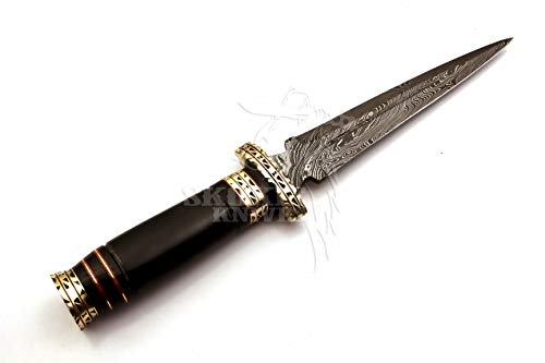 Skokie Knives Custom Hand Made Damascus Steel Hunting Dagger Knife Handle Bull Horn with Brass Spacer (Black Bull)