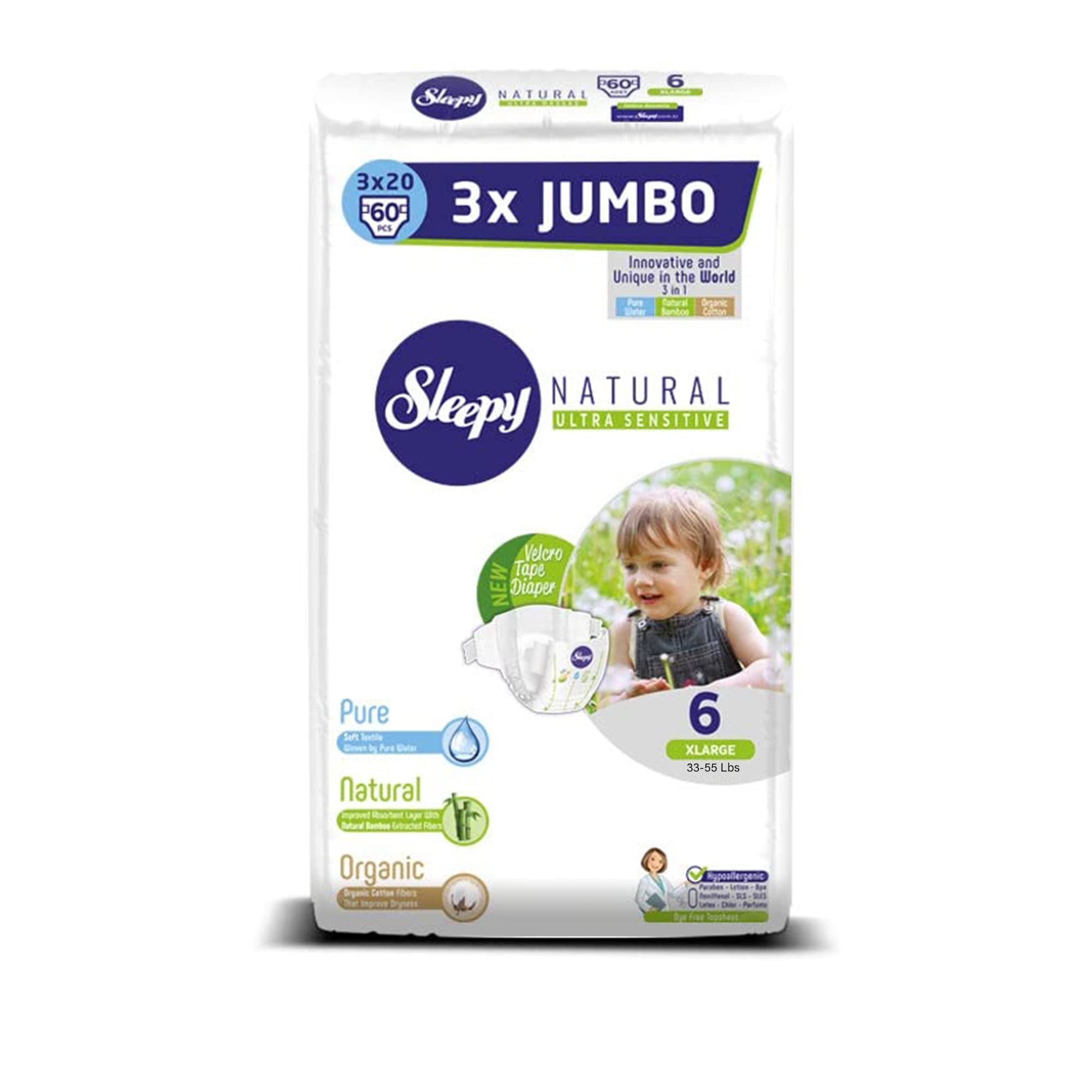 Sleepy 3X Jumbo Natural Baby Diapers, Made from Organic Cotton and Bamboo Extract, Ultimate Comfort and Dryness, 60 Count ā Size 6 XL, Child Weight 33-55 lbs