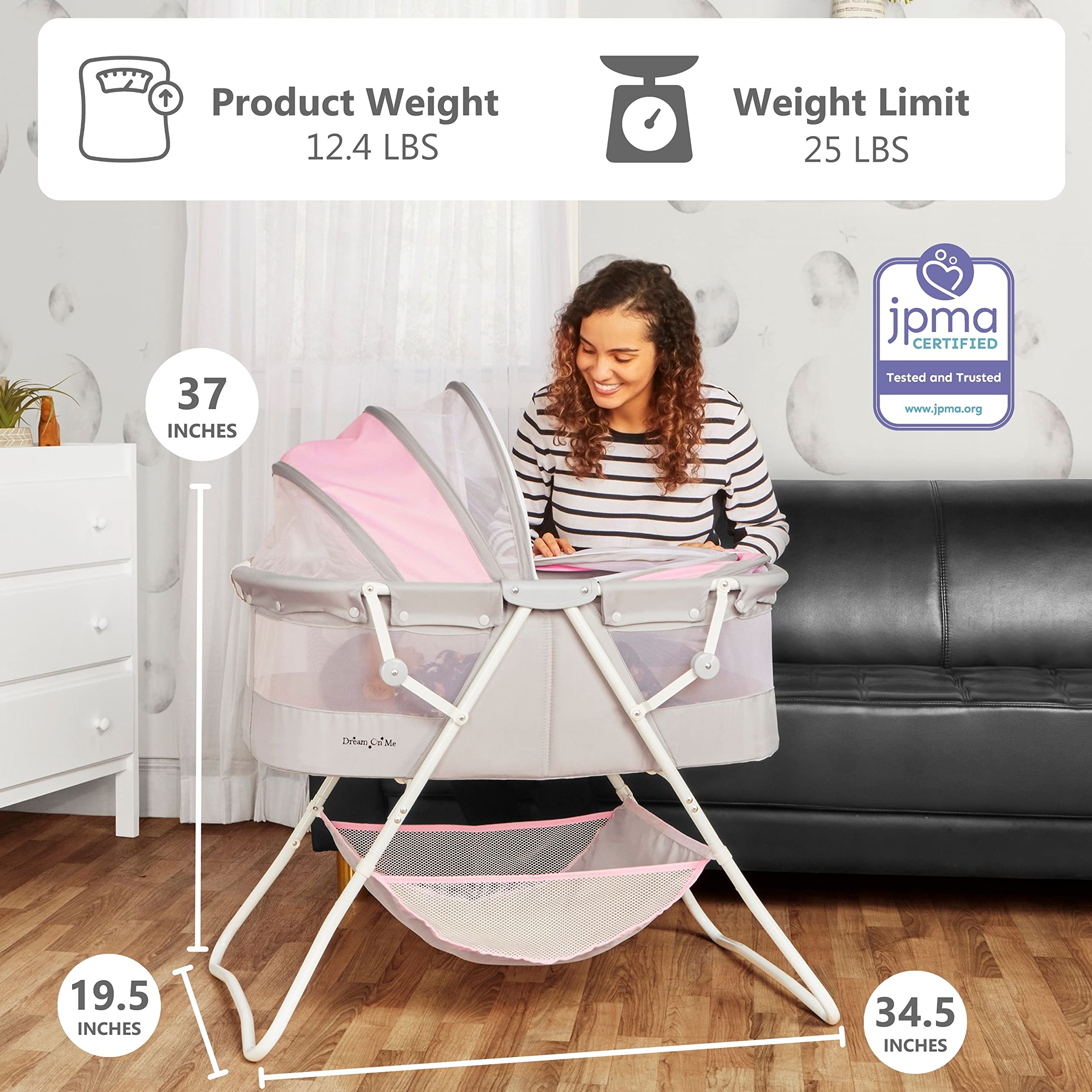 Karley Baby Bassinet in Grey and Pink, Lightweight Portable, Quick Fold and Easy to Carry , Adjustable Double Canopy, Indoor and Outdoor with Large Storage Basket.