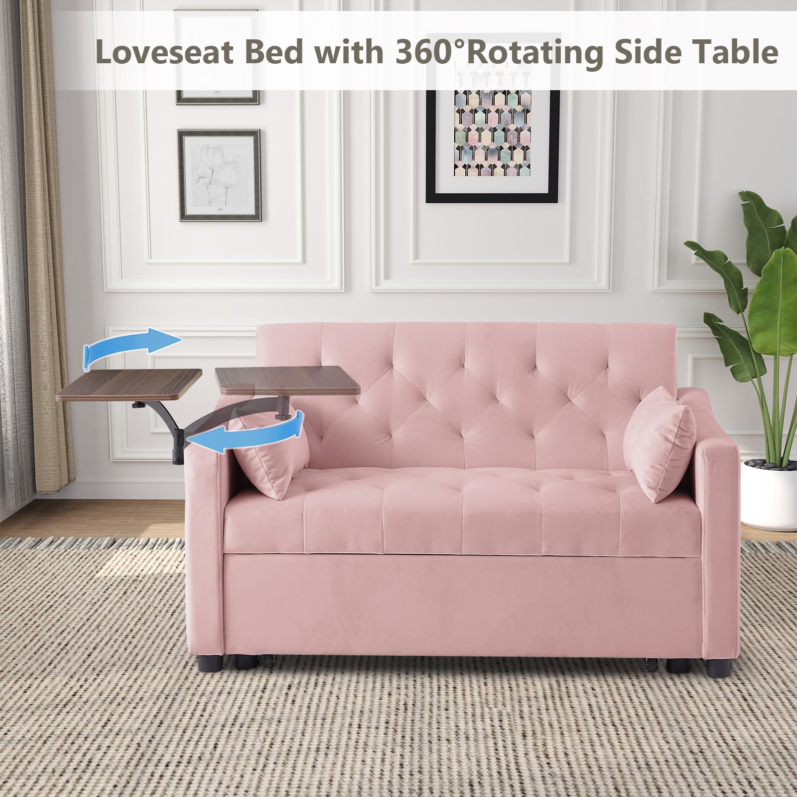 Yafylly 3 in 1 Convertible Sofa Bed, 3-Level Adjustable Backrest Loveseat Sleeper, Small Pull Out Couch with 360° Rotating Side Table for Living Room, Apartment, Bedroom, Office