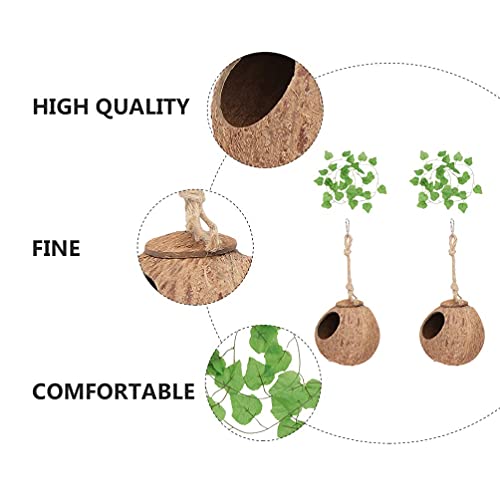 M I A 2 Pcs Crested Gecko Hut with 2 Vines Hanging Coconut Shell Reptile Treat Food Dispenser Bird Nest Reptile Hide Cave Lizard Nesting Hideout for Small Animal Random Color