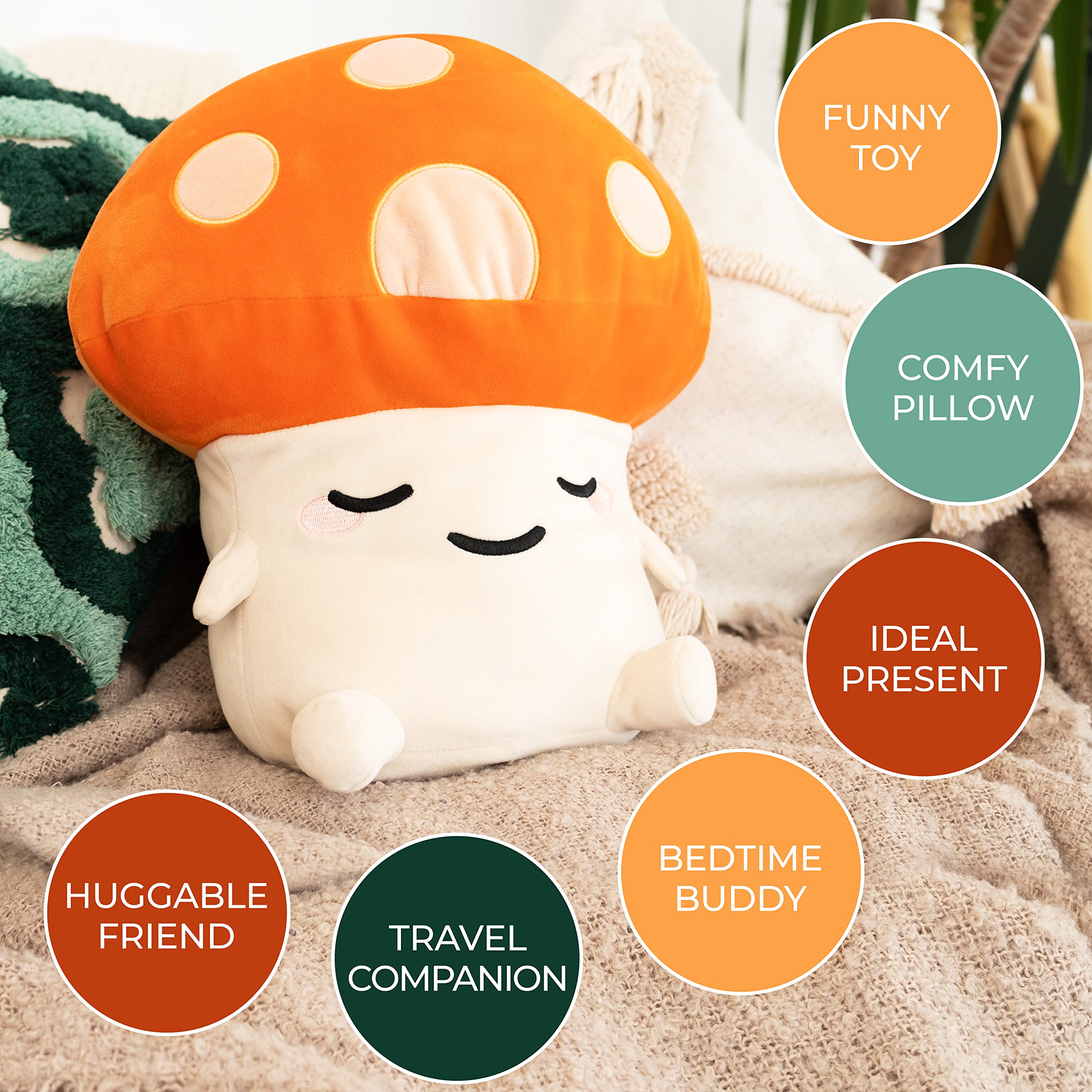 Squish PALS Kawaii Mushroom Plush Toy - 3D Stuffed Pillow - Cute 13 Inch Plushie for All Ages