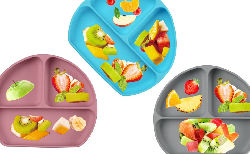 Silicone Grip Dish, Suction Plate, Divided Plate, Baby Toddler Plate, Microwave Dishwasher Safe (Pink)
