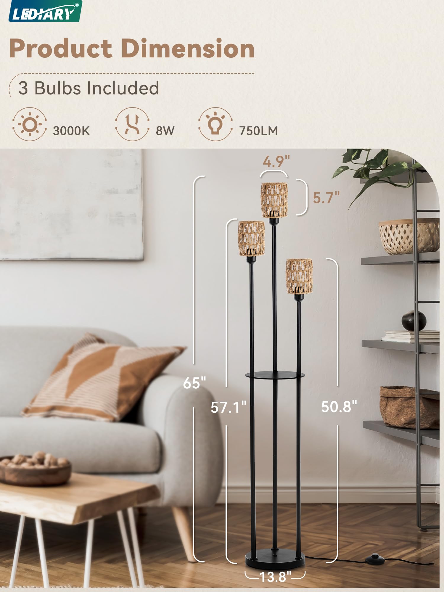 LEDIARY 65" Boho Floor Lamp for Living Room Rattan Floor Lamp with Shelves, 3 LED Bulbs Included Standing Lamp, Floor Lamp for Living Room, Bedroom, Office