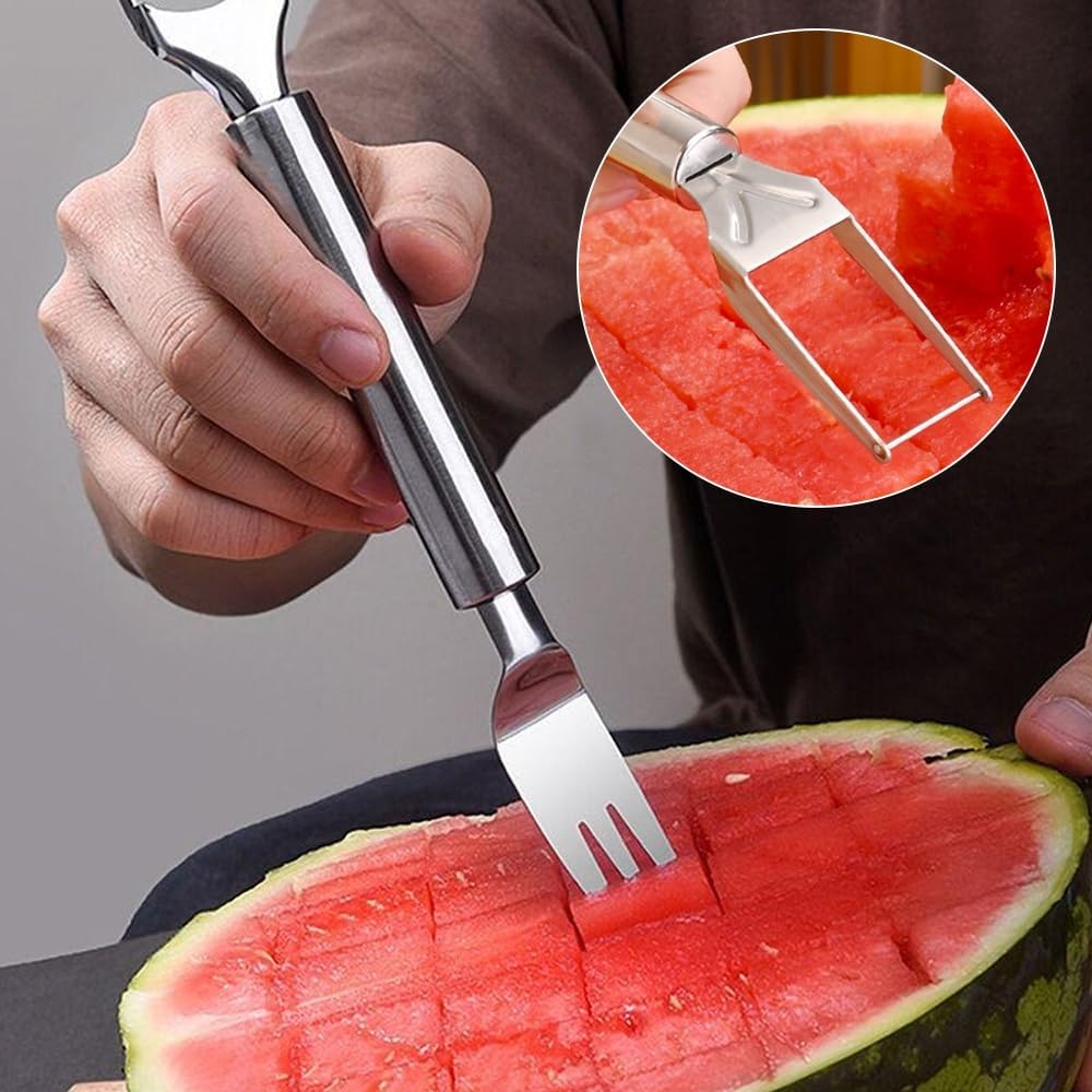Upgraded 2-in-1 Stainless Steel Fruit Cutter,2024 Newest Watermelon Slicer Watermelon Cutter Melon Cutter Tool,Dual Head Fruit Forks Slicer Watermelon Cutter Tool, Summer Fruit Cutting Fork for Home