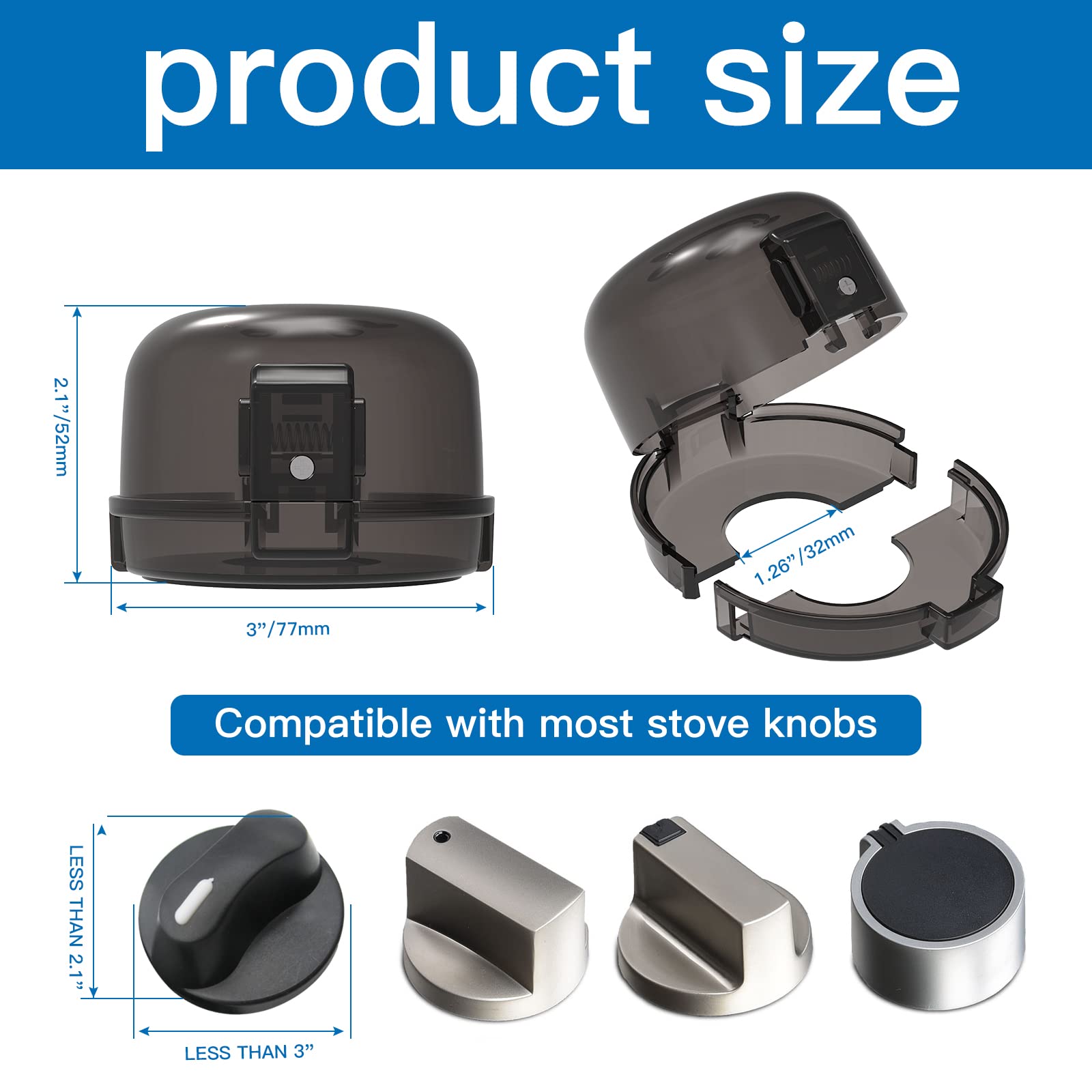 Stove Knob Covers for Child Safety Guards Black Clear View 5 Pack Upgraded Double-Key Lock Large Universal Design Gas Oven Knob Covers Baby Proof