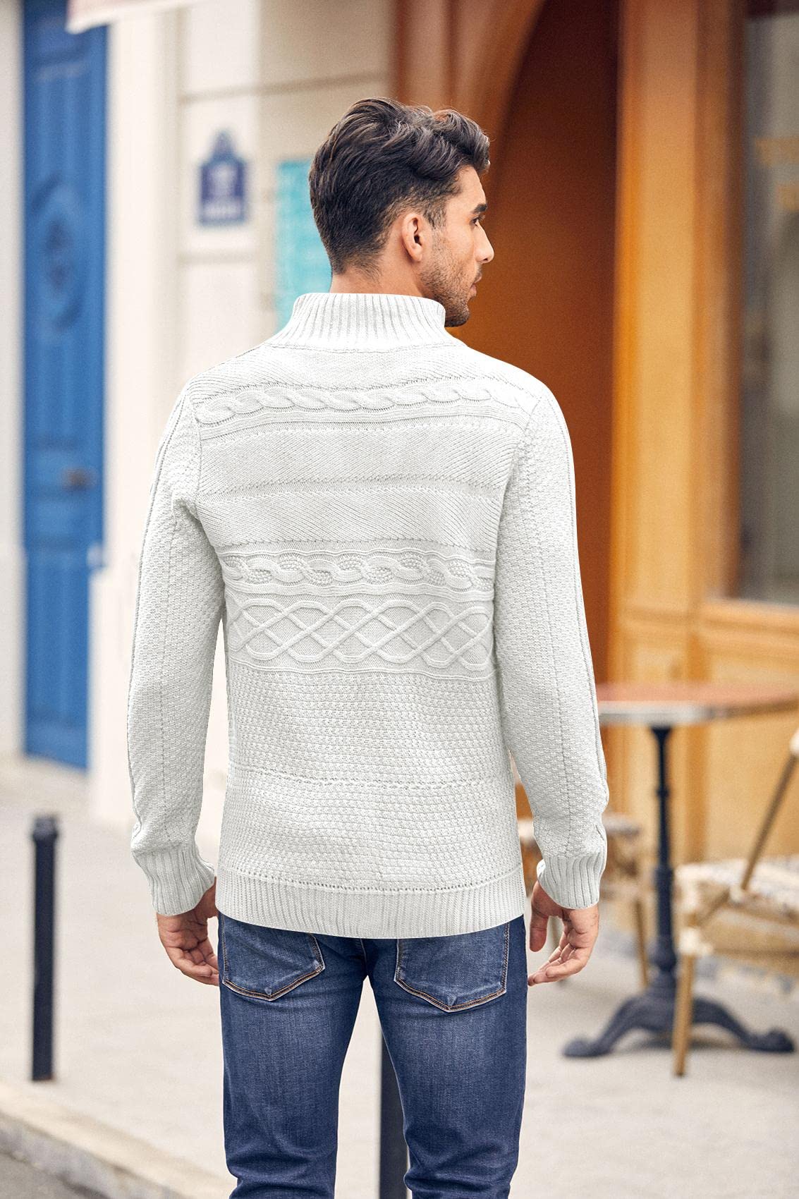 Karlywindow Mens Cable Knitted Cardigan Sweater Turtleneck Long Sleeve Slim Fit Winter Zipper Front Casual Pullover Sweaters