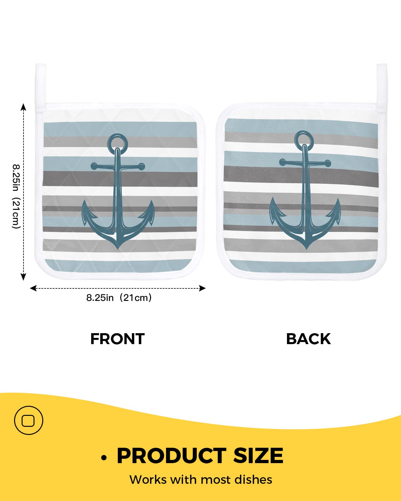 Pot Holder Set of 2 Coastal Nautical Anchor Potholder Heat Proof Non-Slip Pot Holders,Blue Grey Stripe Hot Pads Potholders for Kitchen Cooking Baking BBQ