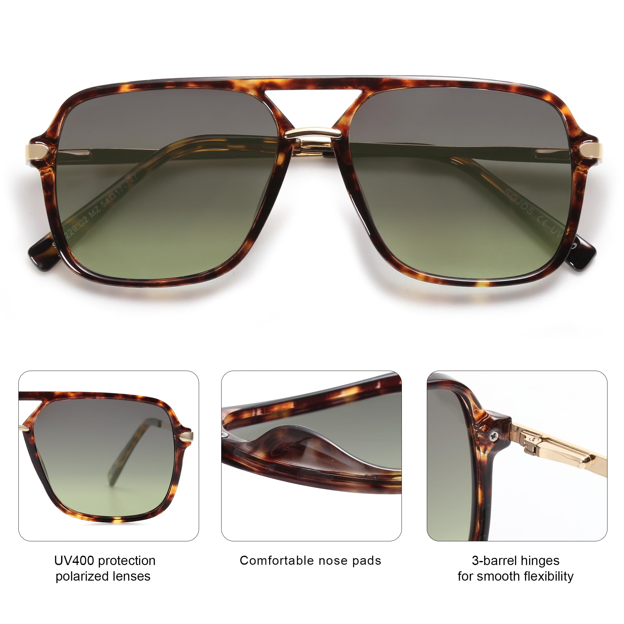 SOJOS Sunglasses for Women & Men, Square, Retro, Polarized Lens, Trendy Aviator, 90s Shades (SJ2229, Yellow Tortoise Green)