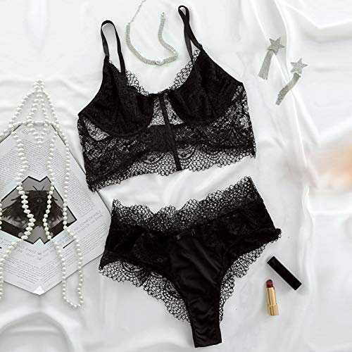 wodceeke Women's Sexy Sling Lace Plus Size Split Lingerie Embroidered Perspective Bodysuit Home Pajamas Set (Black, XXXL)