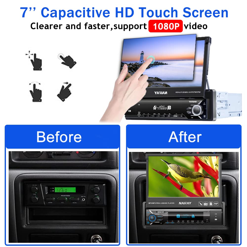 Single Din Touchscreen Car Stereo with Apple Carplay and Android Auto,7 inch Flip Out Screen Car Stereo with Bluetooth Foldable Car Audio Receiver with Backup Camera Mirror Link/FM/USB/AUX/TF