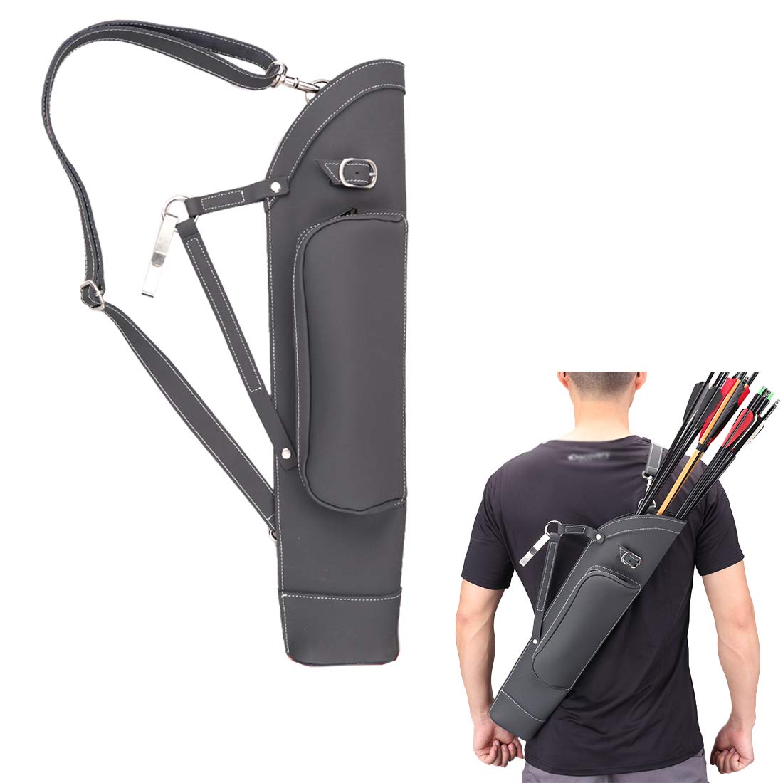 KRATARC Archery Dual Use Leather Back Arrow Quiver Hip Quiver Waist Hang Side with Adjustable Strap Belt Clip (Black)