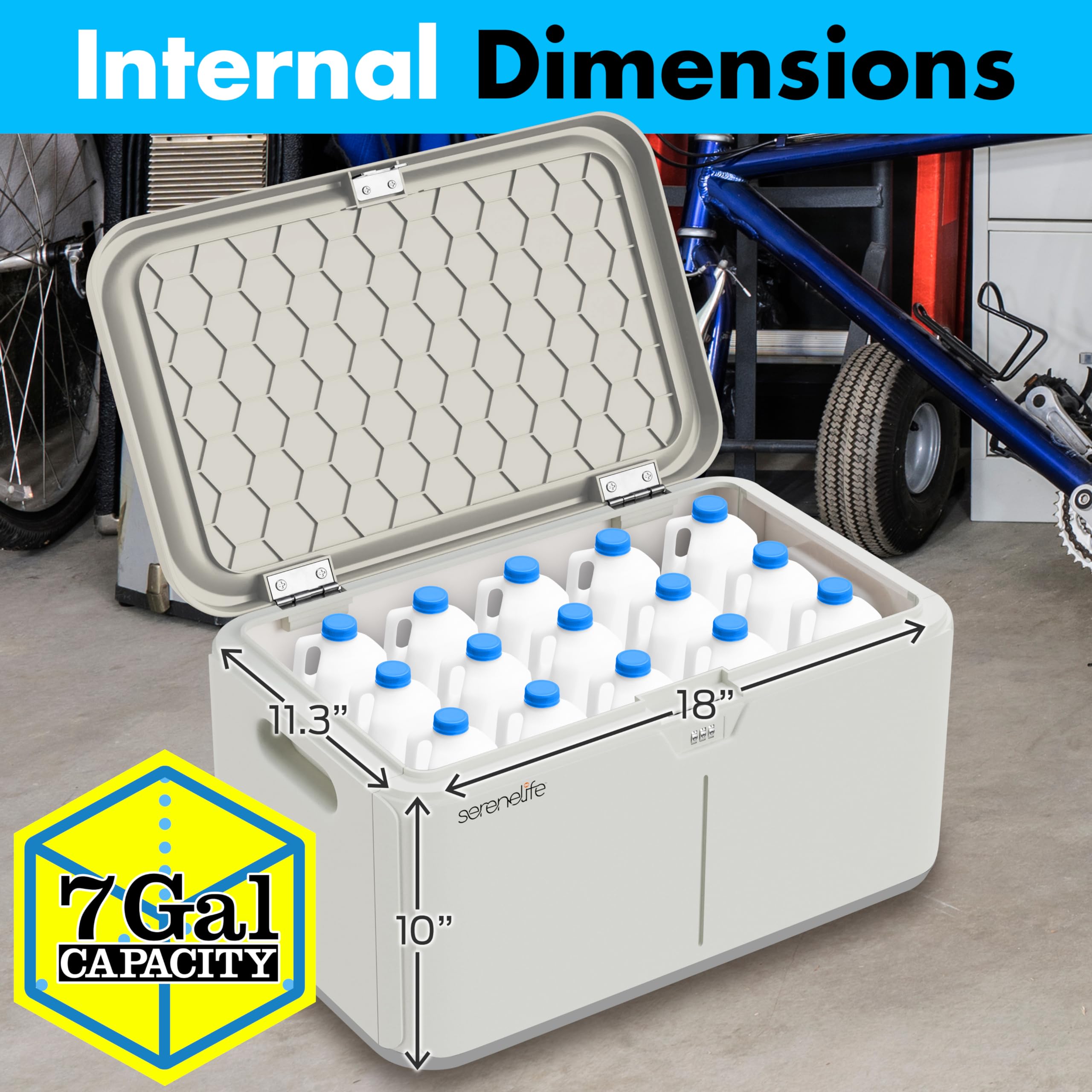 SereneLifeHome Locking Storage Container Bin, 37 Gallon Capacity Lockable Box, Combination Lock, Side Carry Handle Grips, 29.0” x 11.5" x 18.5" L x W x H, White, Blue (SLSBIN40)