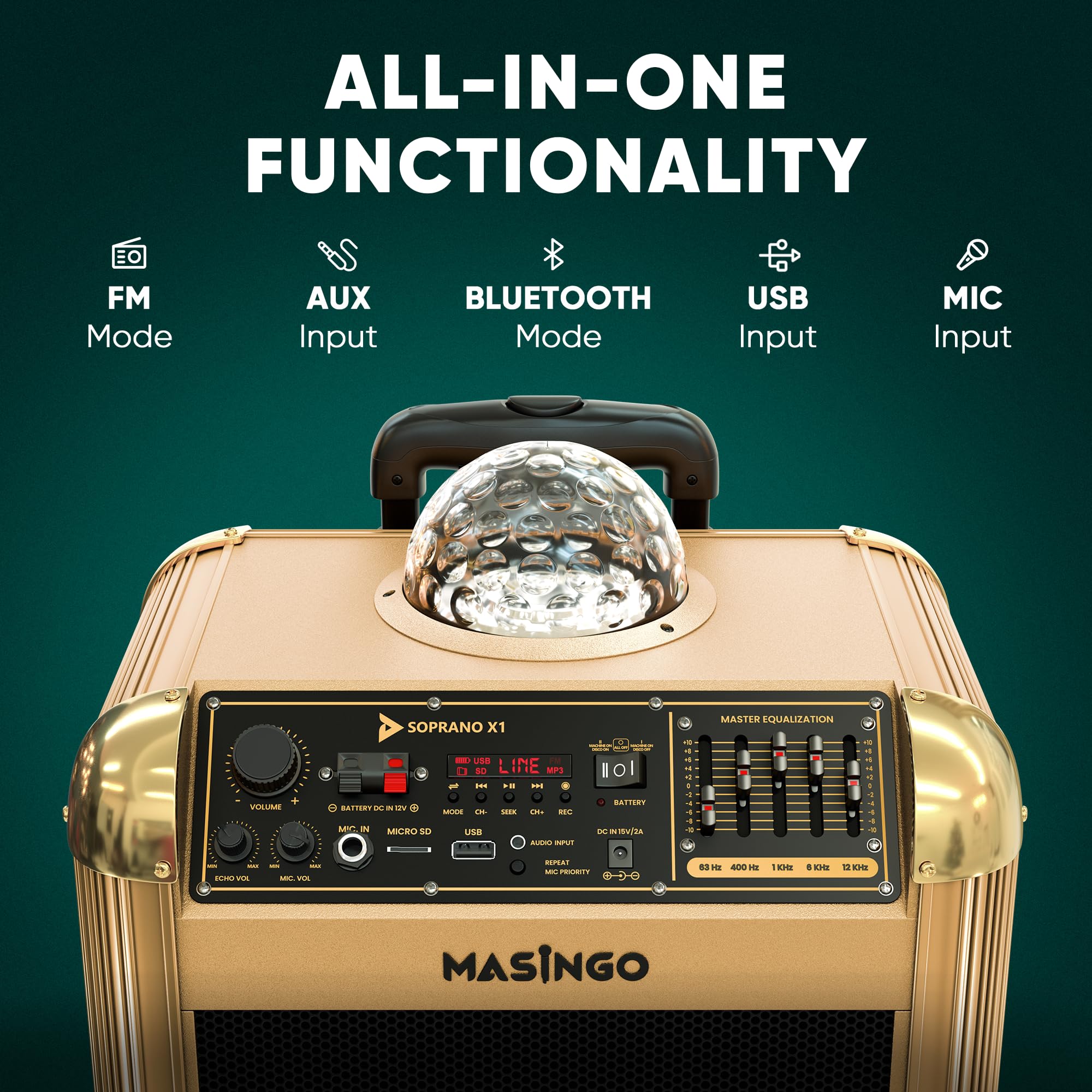 MASINGO Karaoke Machine for Adults and Kids with 2 Bluetooth Wireless Microphones. Portable Singing PA Speaker System with Disco Ball Party Lights, Lyrics Display Tablet Holder & TV Cable. Soprano X1