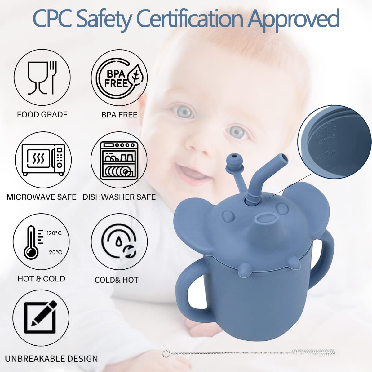 Silicone Sippy Cup for Toddler, Transition Straw Cups for baby 6 months+, 3 in 1 Elephant Training Sippy Cups for Babies with Cleaning Brush, Two Handles, Microwave Safe and Dishwasher, BPA Free, 7oz