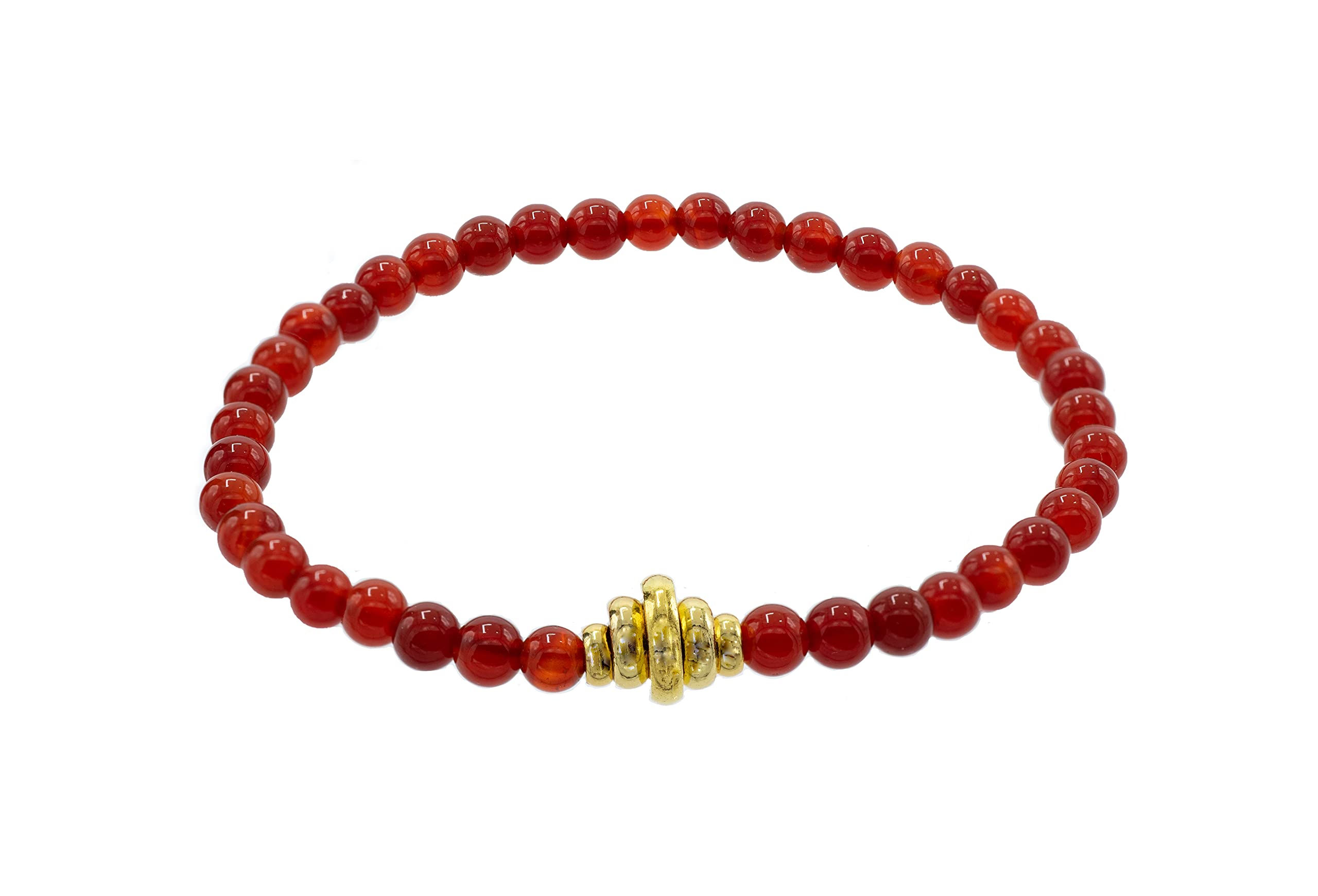 LTC Designs 4mm Red-Agate (Carnelian) Stretch Bracelet with Gold-toned Metal Centerpieces Perfect for Back to School, 6.5".also for Men, Women