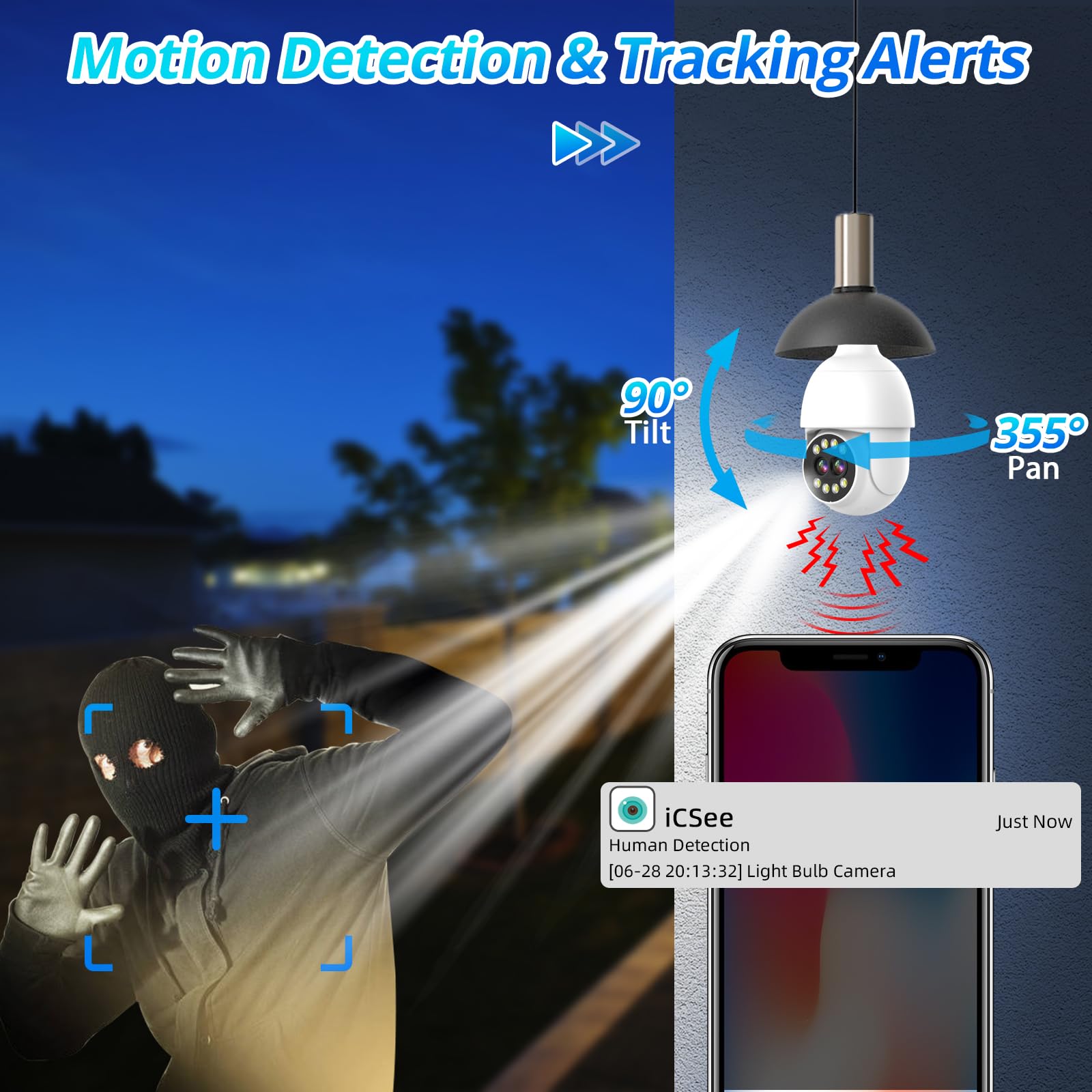 KERUI Upgraded Light Bulb Security Camera, 5X Zoom Dual Lens 4MP Wireless Cameras Indoor Outdoor, 2.4Ghz WiFi Light Bulb Camera with Color Night Vision, Motion Detection, Two Way Talk and Phone APP