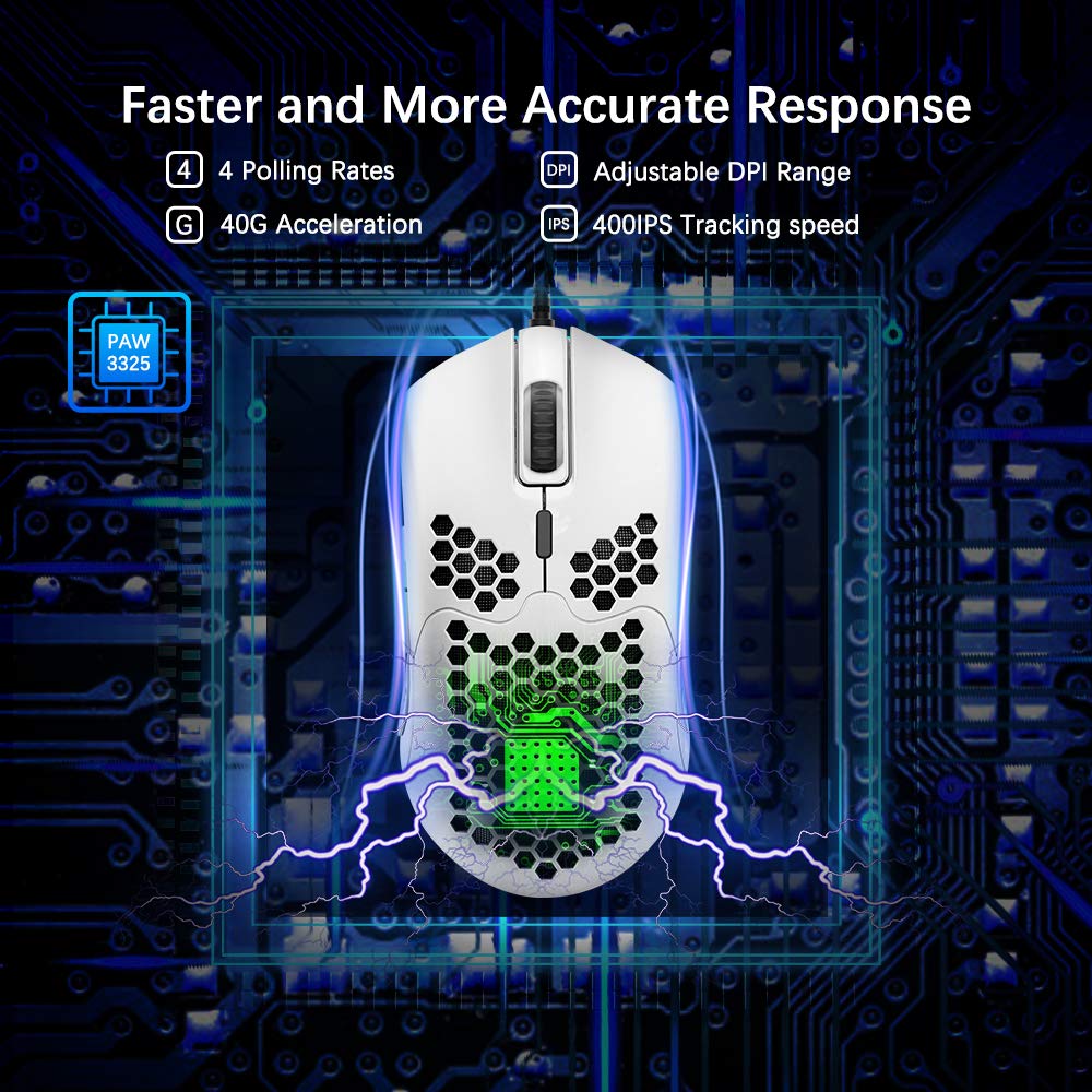 Lightweight Wired Gaming Mouse with 7 Button 26RGB Backlit Programmable Driver PAW3325 12000 DPI Optical Sensor Ultralight Ergonomic 65G Honeycomb Shell Ultraweave Cable for PC Xbox PS4 Gamer(White)