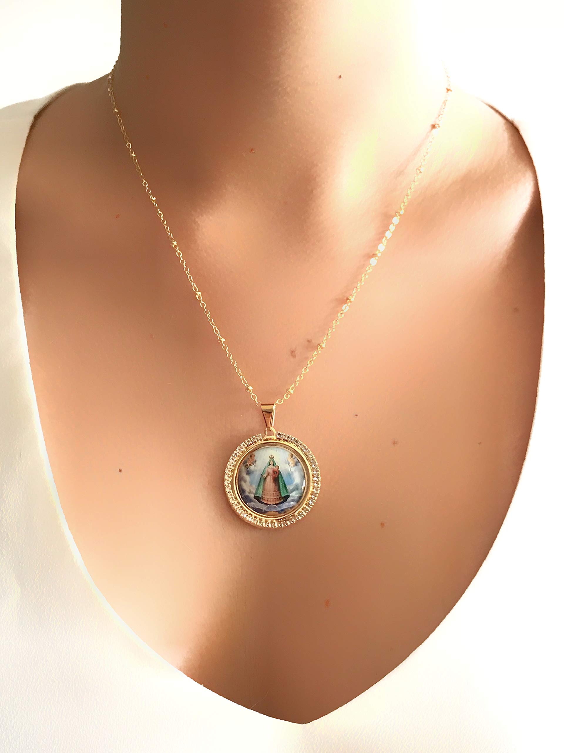 LESLIE BOULES Virgin Caridad del Cobre Pendant Necklace 18K Gold Plated Chain Religious Jewelry