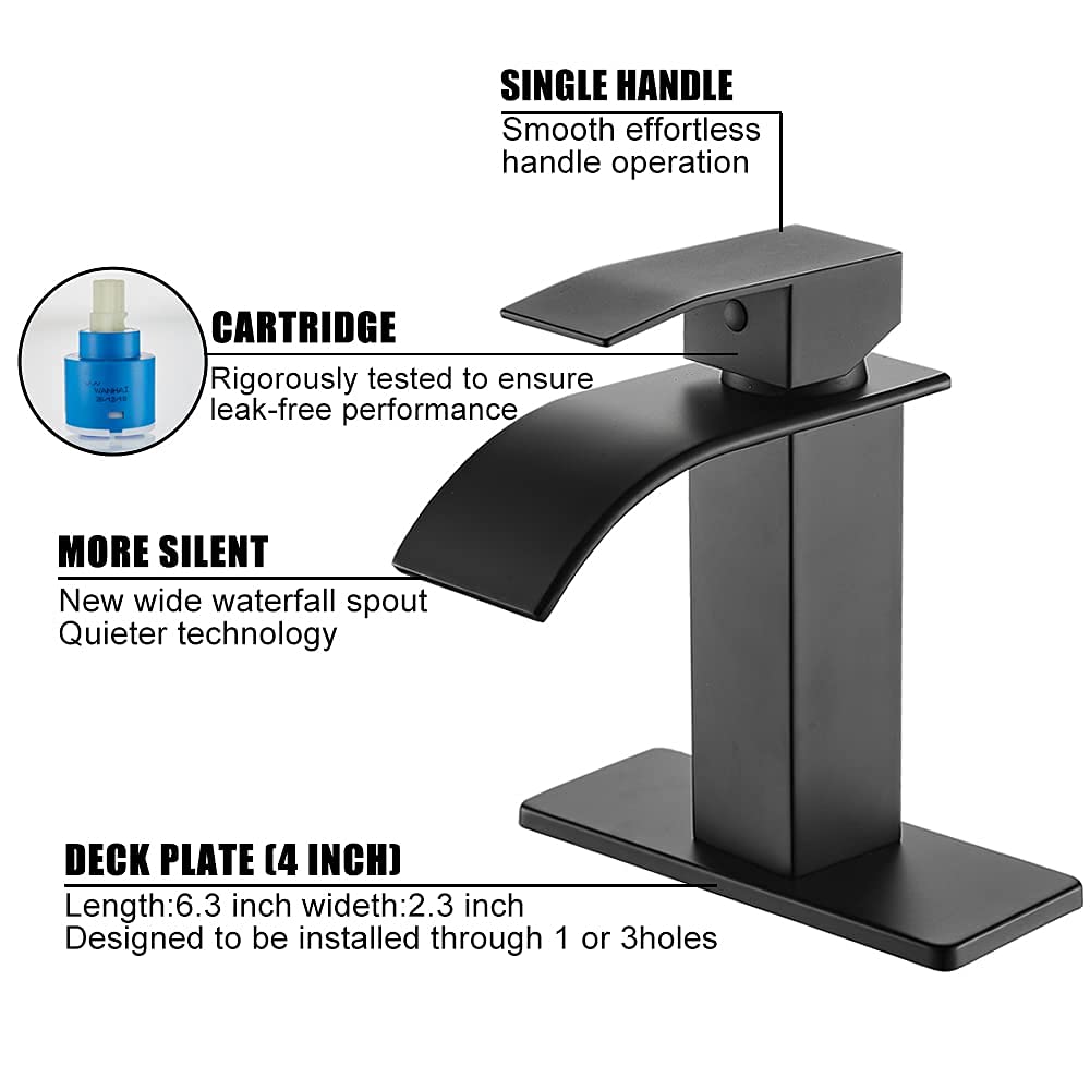 Ryuwanku Bathroom Faucet Matte Black Modern Waterfall Bathroom Sink Faucet with Single Handle Suitable for 1 or 3 Holes,Supply Deck Plate and Hose