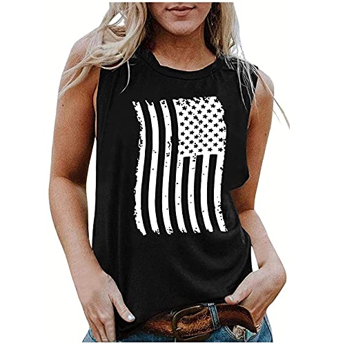 wodceeke Womens American Flag Print Tank Tops Sleeveless Loose T-shirt Independence Day Blouse Tops (Black, L)