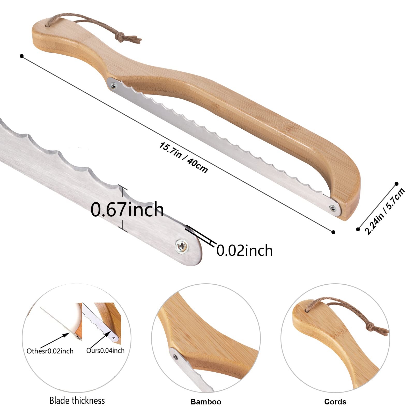 Recsrdce Bread Bow Knife, bread knife for homemade bread, sourdough bread knife,15.7" Serrated Bread Knife,Premium Stainless Steel,Used for slicing bread(Bamboo Handle - Right Handed)
