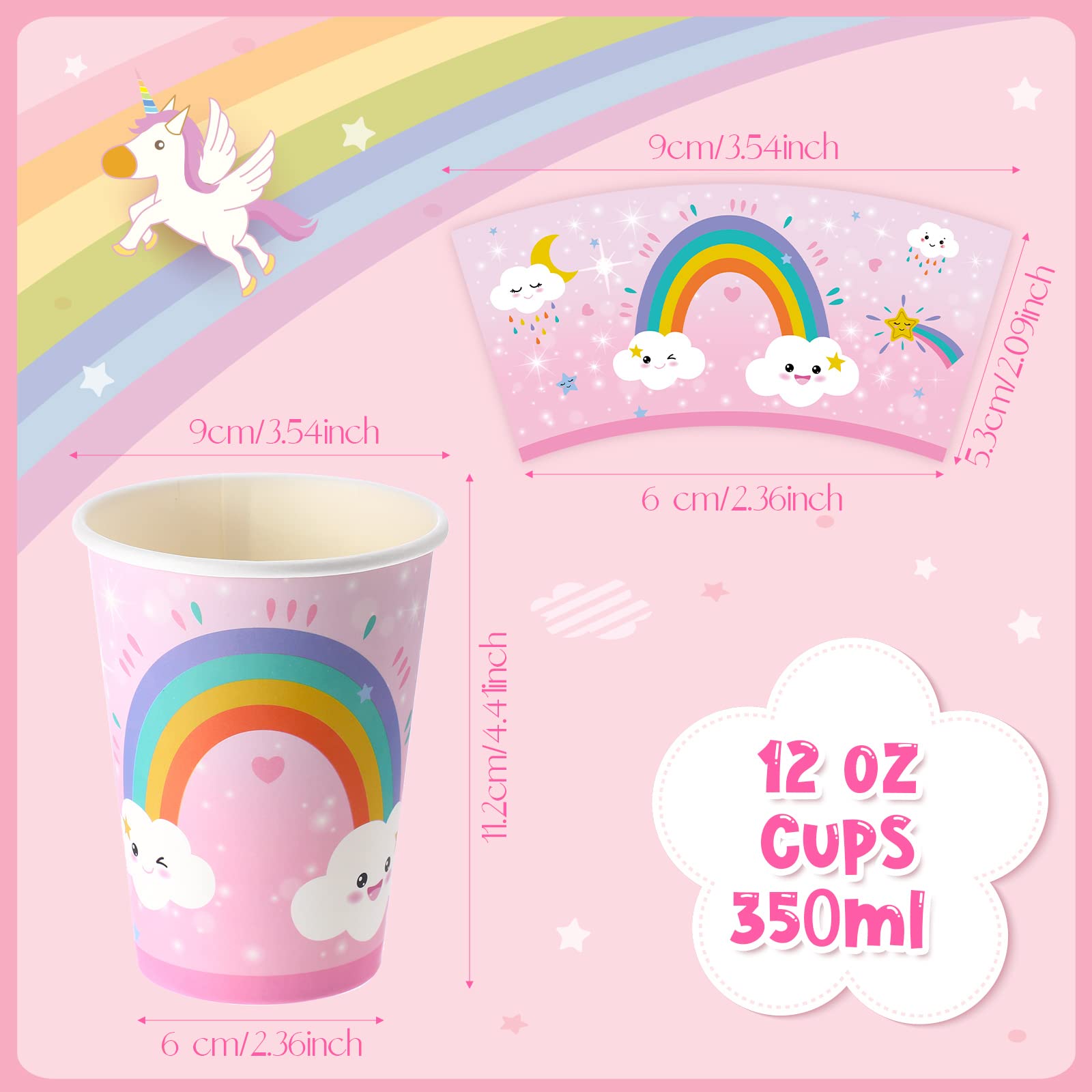 Junkin 60 Pcs 12 oz Rainbow Paper Cups Disposable Rainbow Cups Rainbow Party Decorations Birthday Theme Party Decor for Baby Shower Party Supplies Tableware