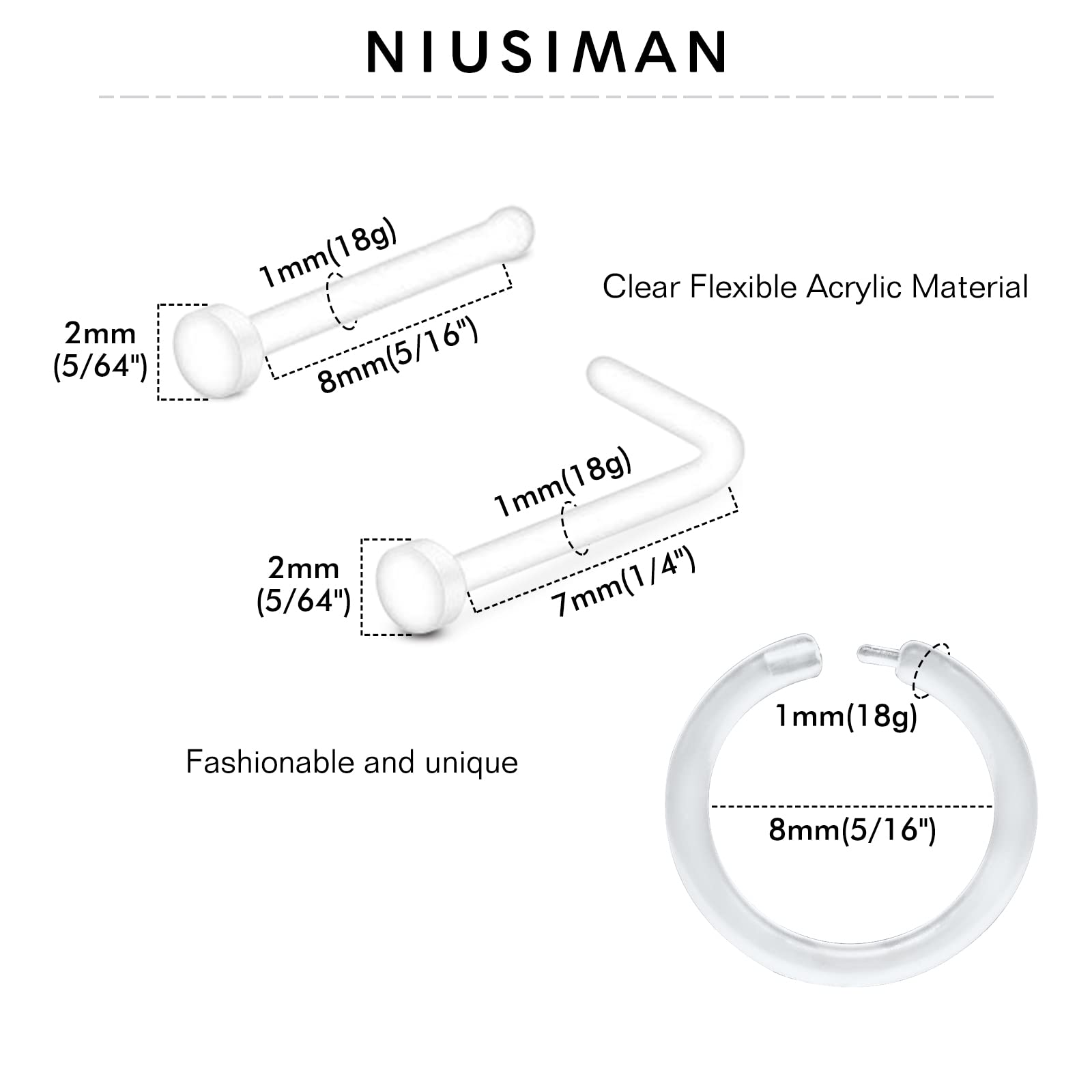 NIUSIMAN 18g Clear Nose Studs L Shaped Nose Piercing Nose Rings Clicker Hoop Nose Piercing Jewelry 26pcs