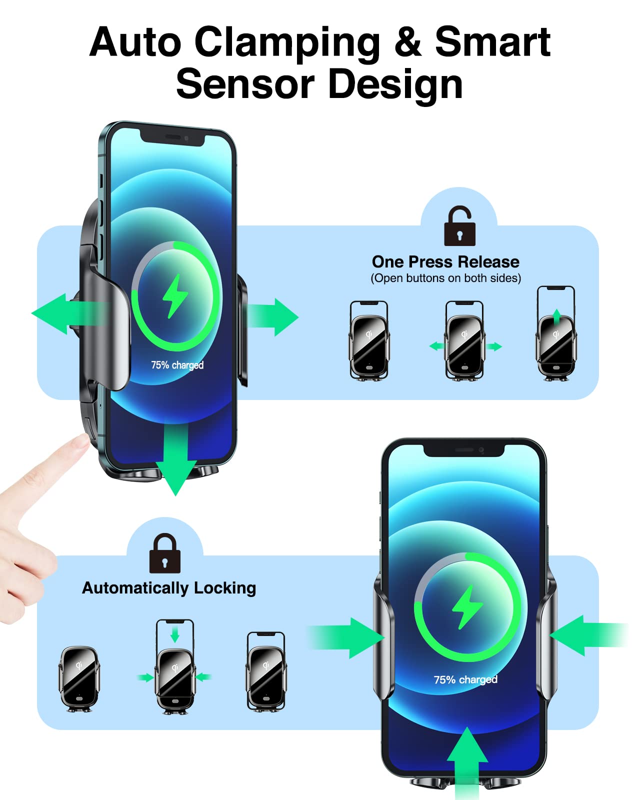 Wireless Car Charger, 15W Qi Fast Wireless Charging Auto Clamping Phone Mount Windshield Dashboard Air Vent Phone Holder for iPhone 13/12/11/X/8 Series Samsung S20/S10/S9/S8/Note 10/Note 9/Note 8