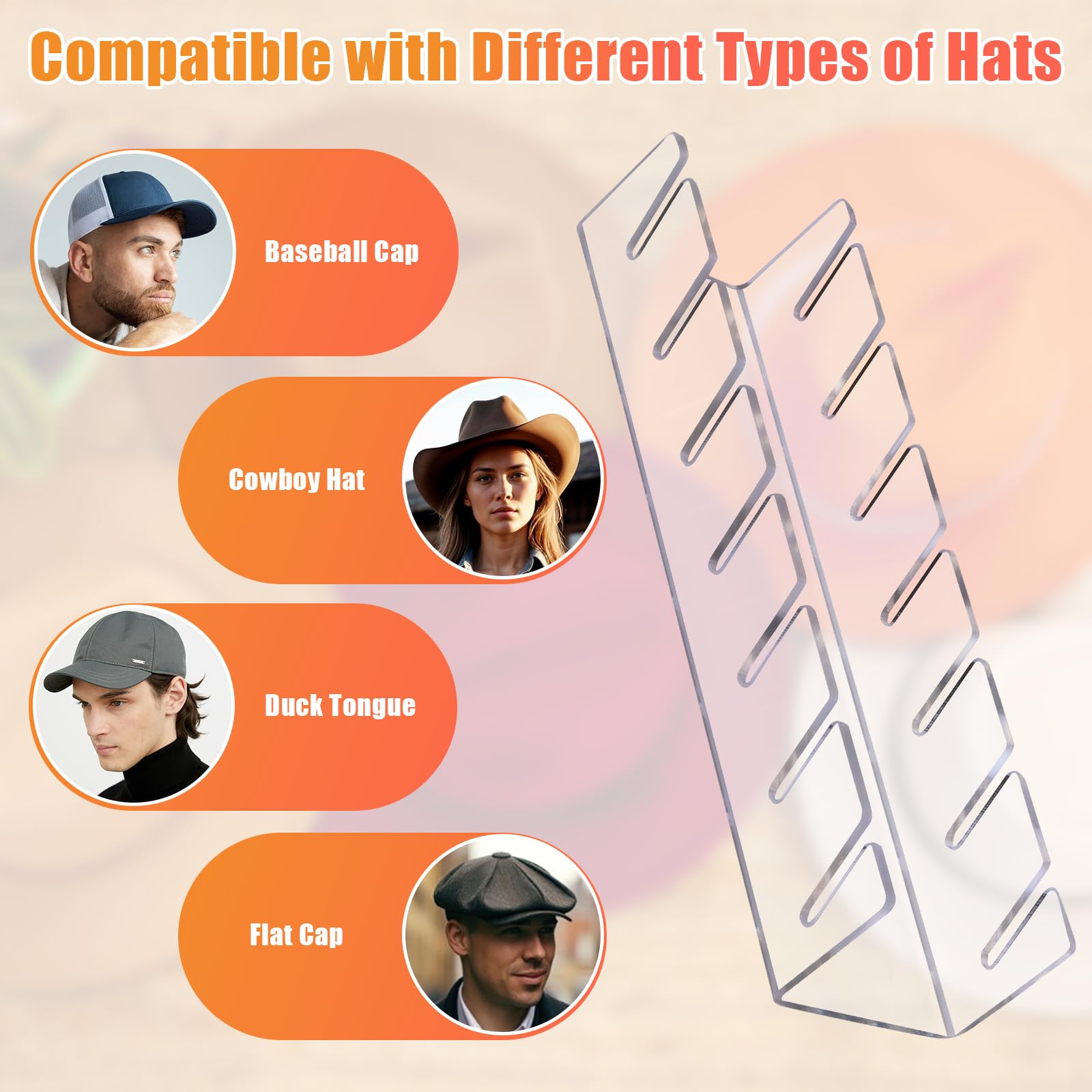 Sloworld Hat Stand for Baseball Caps, 2 Pcs No Install Acrylic Hat Organizer for 14 Baseball Caps, Hat Racks for Baseball Caps Display and Organizer for Bedroom, Closet, Dresser, Office (clear*2)