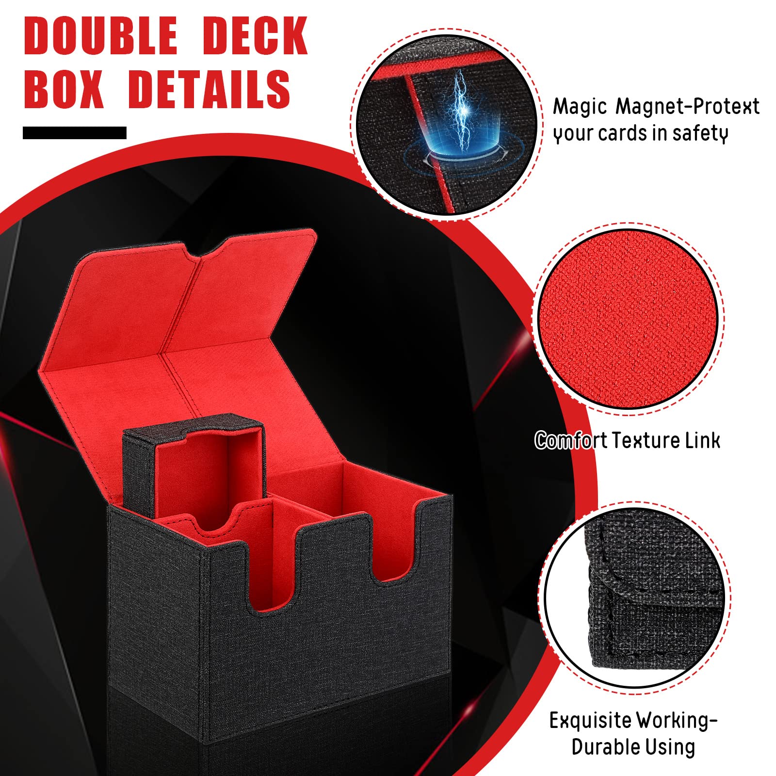 Silkfly Deck Card Boxes Double Sleeved Compatible with MTG TCG CCG Decks Flip Storage Card Deck Carrying Case with Dice Tray Deck Holder for over 200 Trading Cards(Black Red)