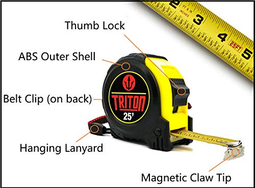 Triton - 6 Pack - 25 ft Tape Measures - Easy to Read Fractions to 1/8th inch - Magnetic Claw Tip - Thumb and Quick Lock - Autowind - Belt Clip