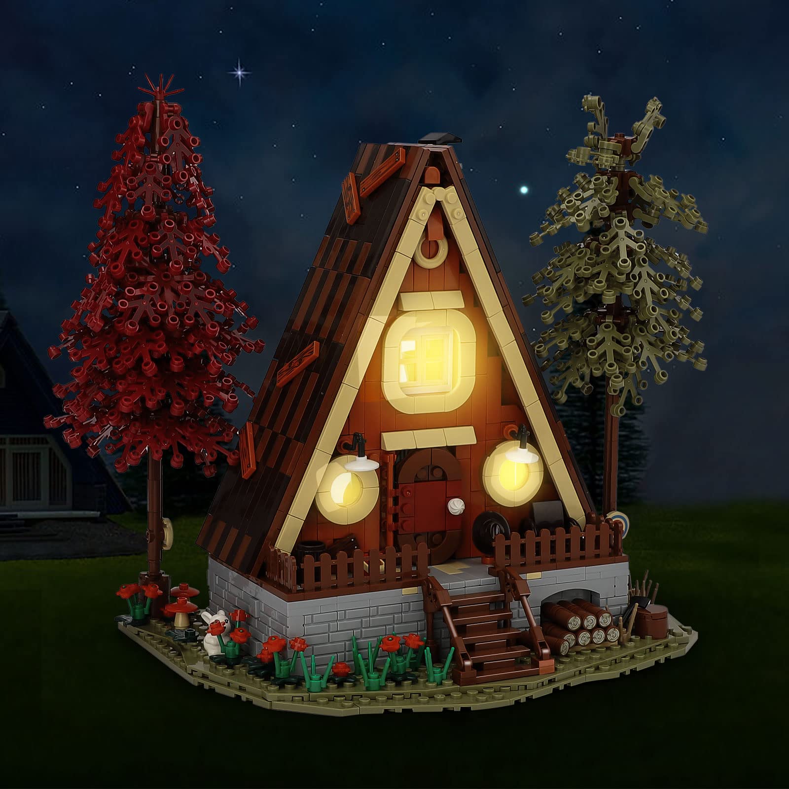 QLT A-Frame Cabin Building Set, Wooden Forest House with LED Lighting Kit, Gift for Adults, Compatible with Lego Adult Cabin (1689 Pcs)