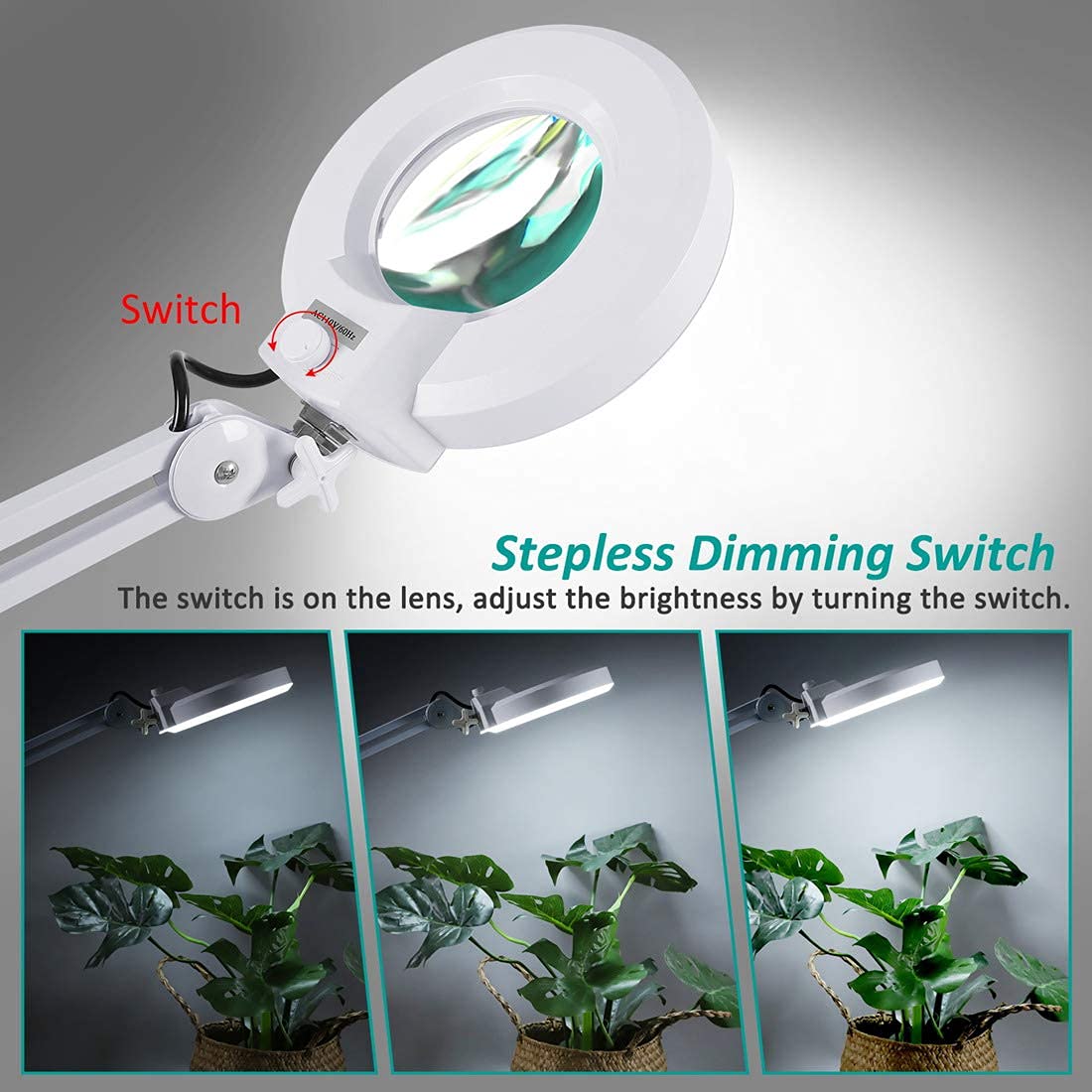 Magnifying Floor Lamp with 5 Wheels Rolling Base, 8 Diopter Real Glass Lens, 5X Magnifier with 2200 Lumens Dimmable LED Light for Close Work, Adjustable Swivel Arm Standing Lamp for Lash Extensions