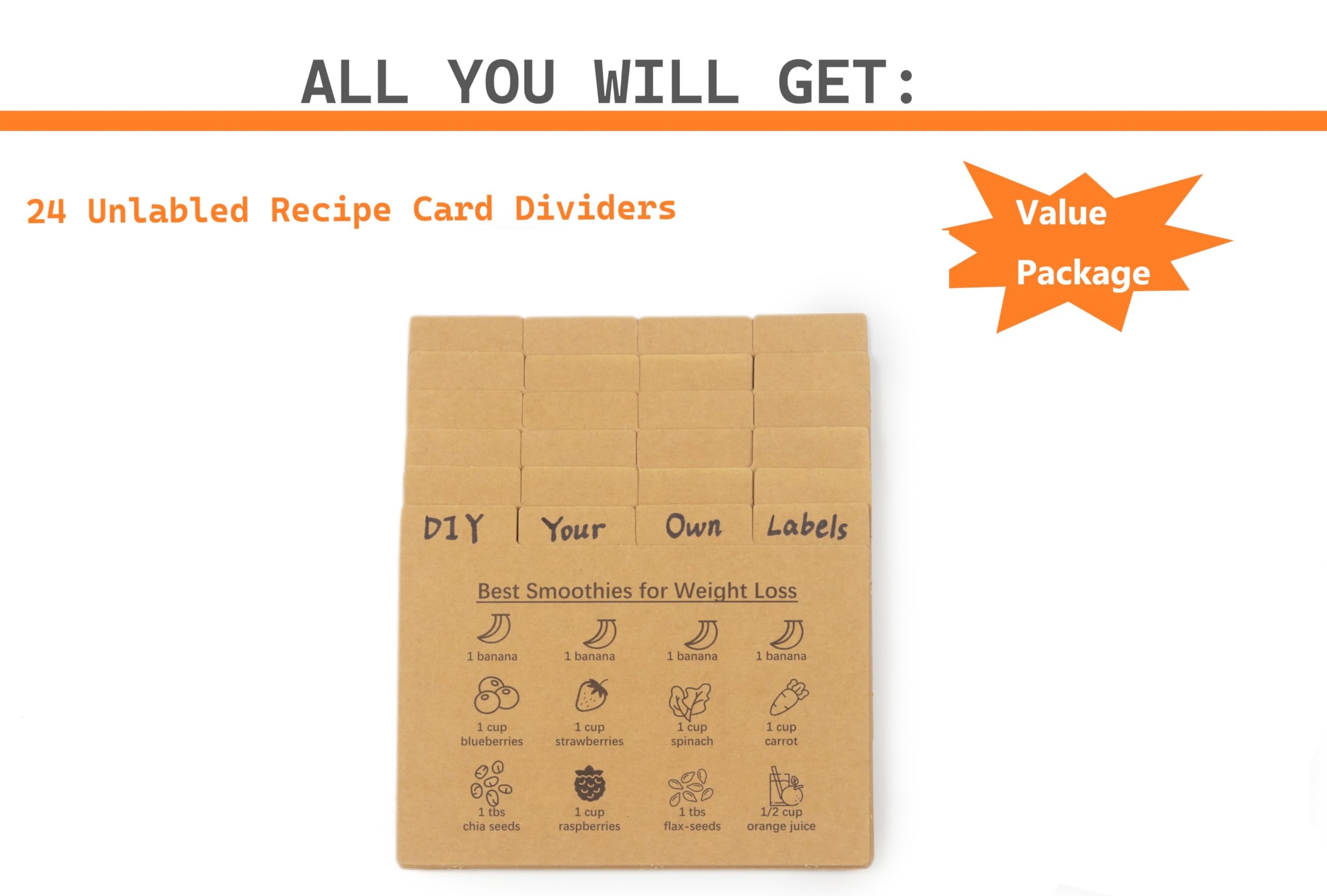Recipe Card Dividers 4x6 with Tabs (Set of 24) Includes Printed Cooking Tips Recipe Box Dividers Made of Thick Cardstock Best Kitchen Gift (Kraft)