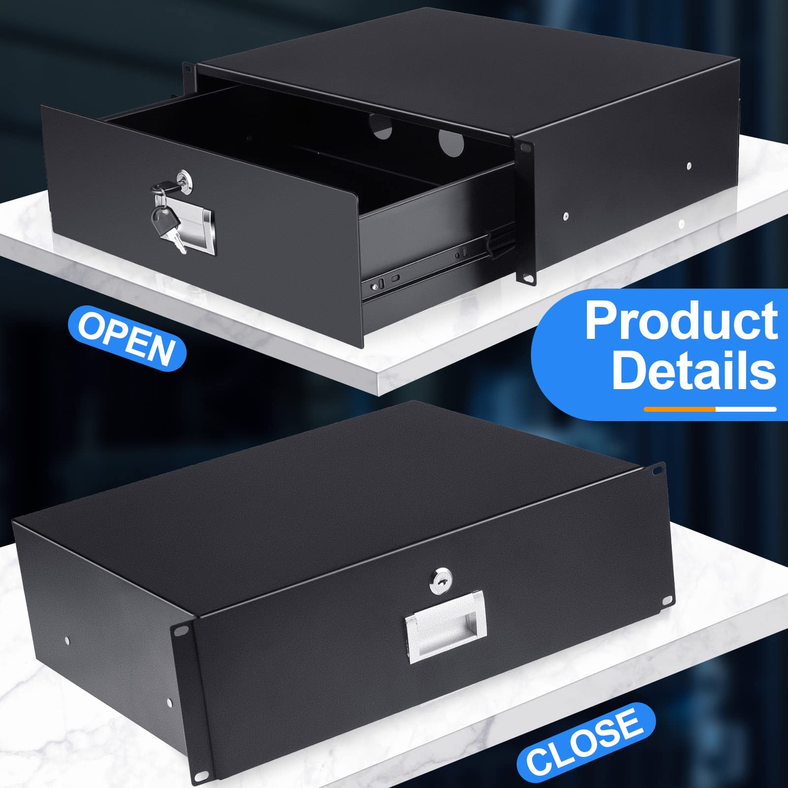 Server Cabinet Case Drawer Metal Rack Mount Tool Drawer 19 Inch Rack Mount DJ Locking Lockable Deep Drawer with Key for Enclosure Server Rack Cabinet Black (3U)