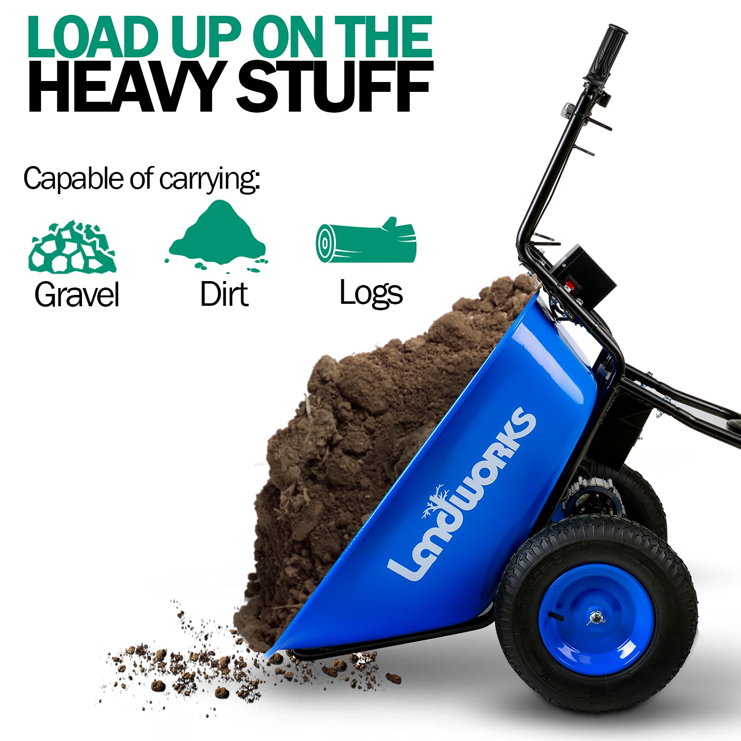 Landworks Wheelbarrow Utility Cart Electric Powered 24V DC 180W AGM Battery 330lbs (150kgs) Max Capacity Barrel Dump Material Debris Hauler