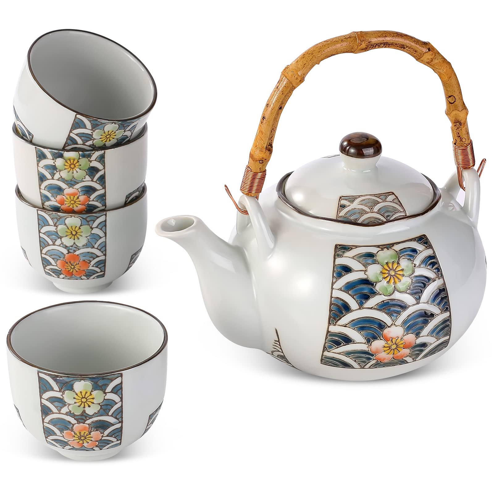 Junrutc Japanese Tea Set, Pottery Teapot Set of 5, 1 Teapot 4 Tea Cups 1 Stainless Infuser Cute Asian Tea Set for Tea Lover/Women/Men (25 oz)