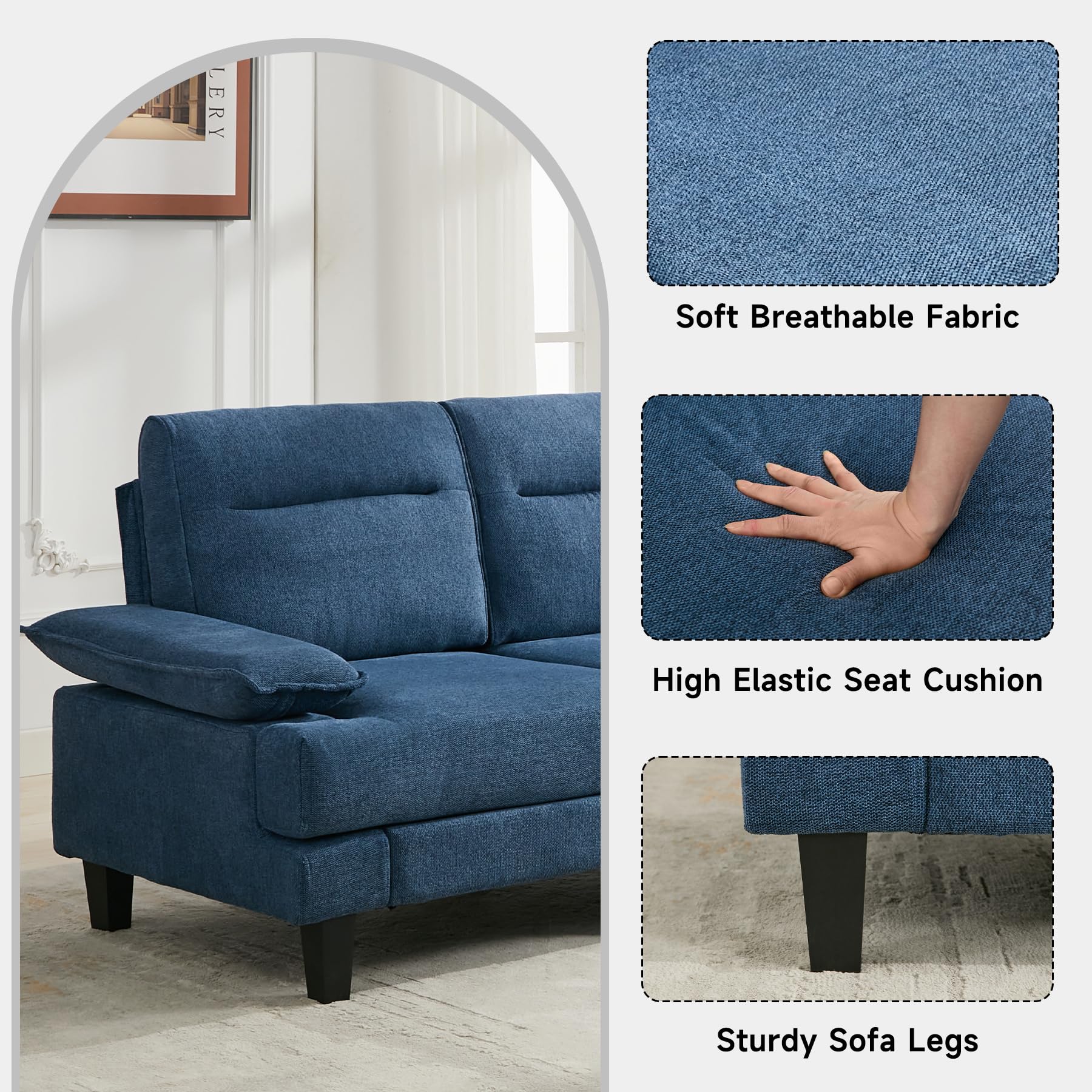 YAMOBO Sectional Sofa Couch, 3 Seat L-Shaped Sofa with Movable Ottoman, Small Sectional Couches for Living Room, Apartment, Offices, Blue
