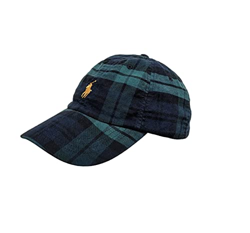 POLO RALPH LAUREN Men`s Embroidered Chino Baseball Cap with Leather Strap (Green Plaid (Gold Pony, One Size))