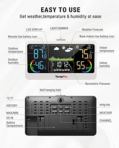 TempPro B68B Weather Station Indoor Outdoor Thermometer 500ft Wireless Home Weather Station with Digital Temperature Humidity Meter for Weather Forcast, White
